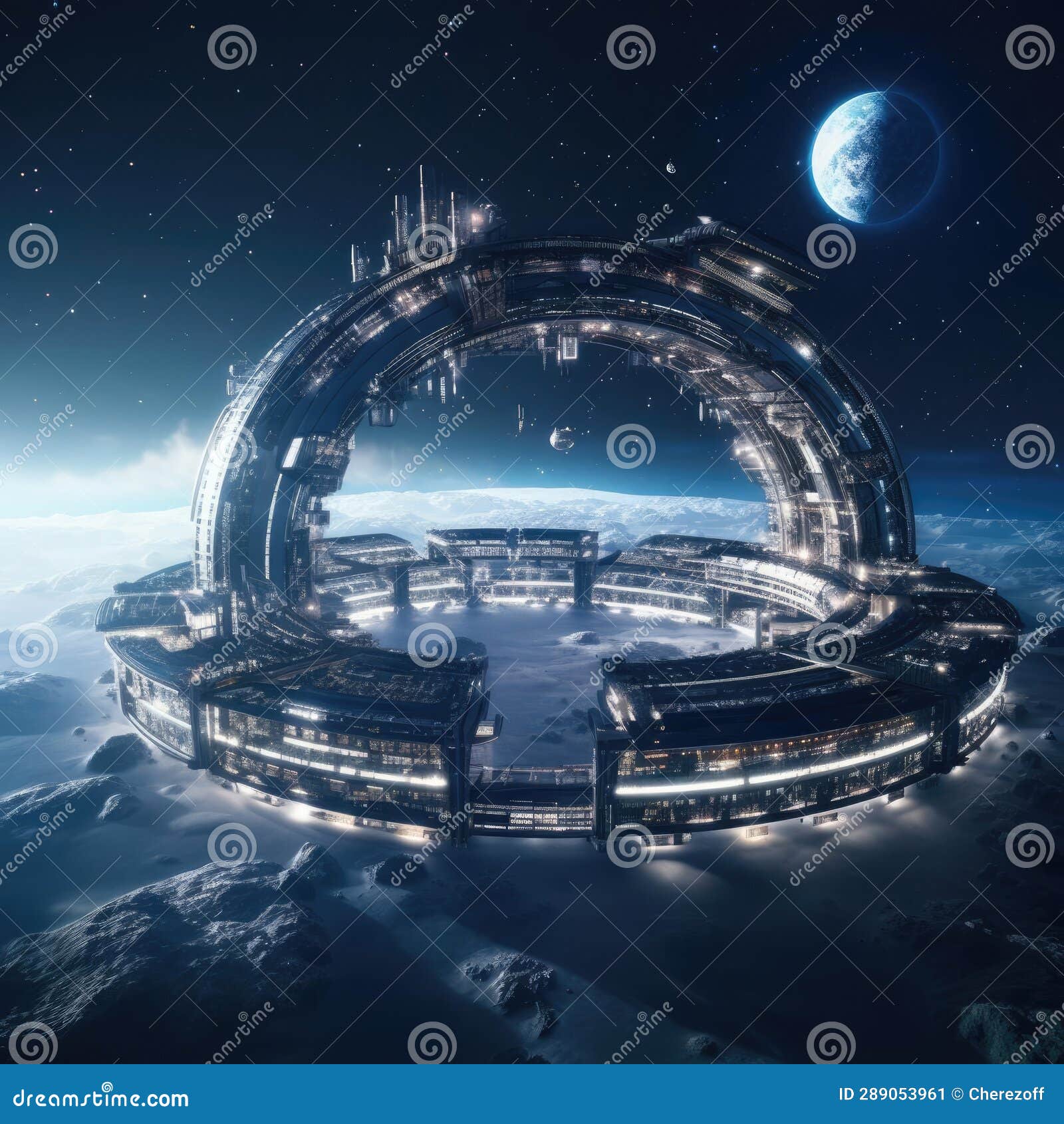 A Large Circular Space Station in Space Stock Illustration ...