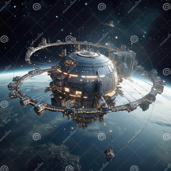 A Large Circular Space Station in Space Stock Illustration ...