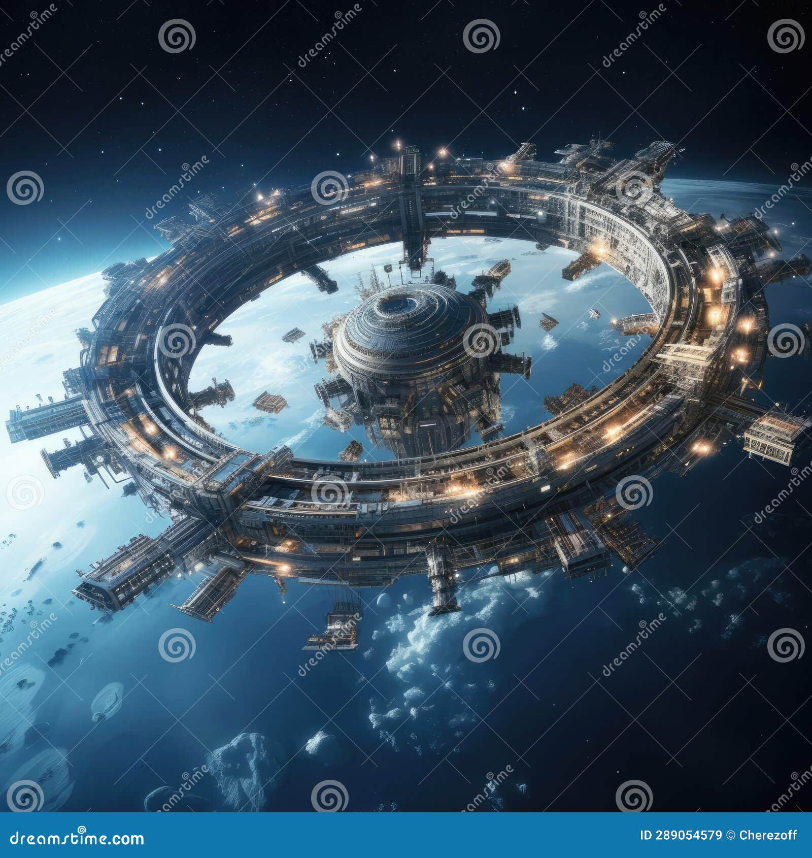 A Large Circular Space Station in Space Stock Image - Image of modern ...