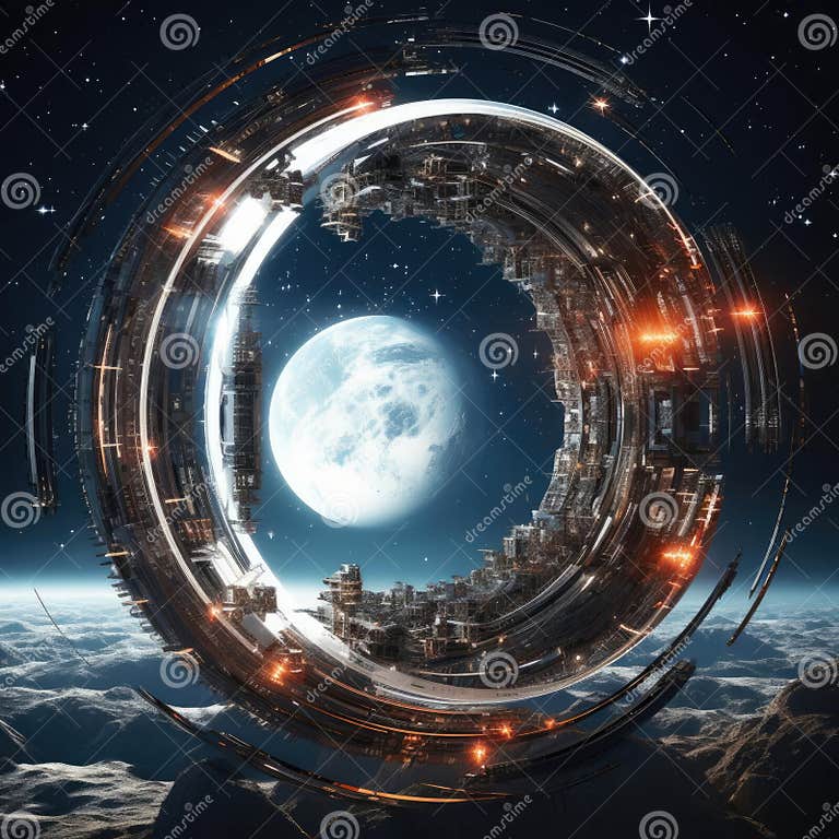 A Large Circular Space Station in Space Stock Photo - Image of modern ...