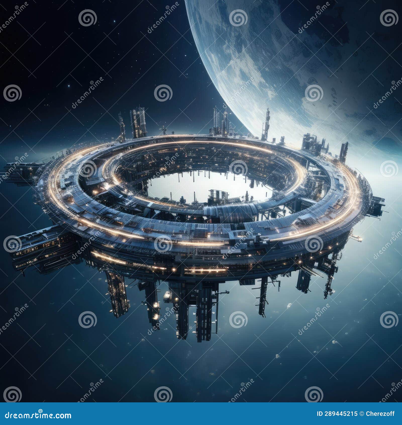 A Large Circular Space Station in Space Stock Image - Image of base ...