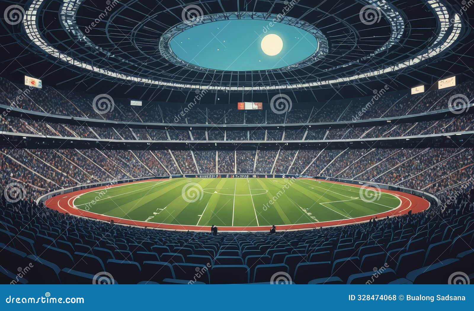 Large, Circular Stadium with Blue Dome Ceiling and Green Field ...