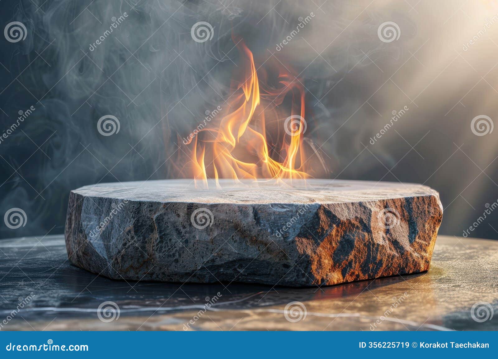 A Large, Circular Stone Slab with a Fire Burning on Top of it Stock ...