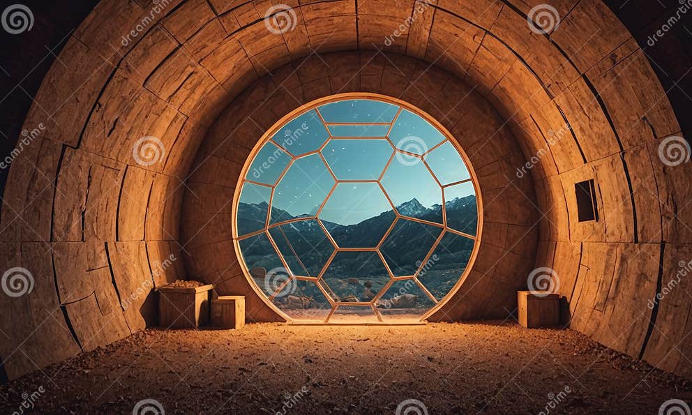 Large, Circular Window with Hexagonal Pattern Offers View Distant ...