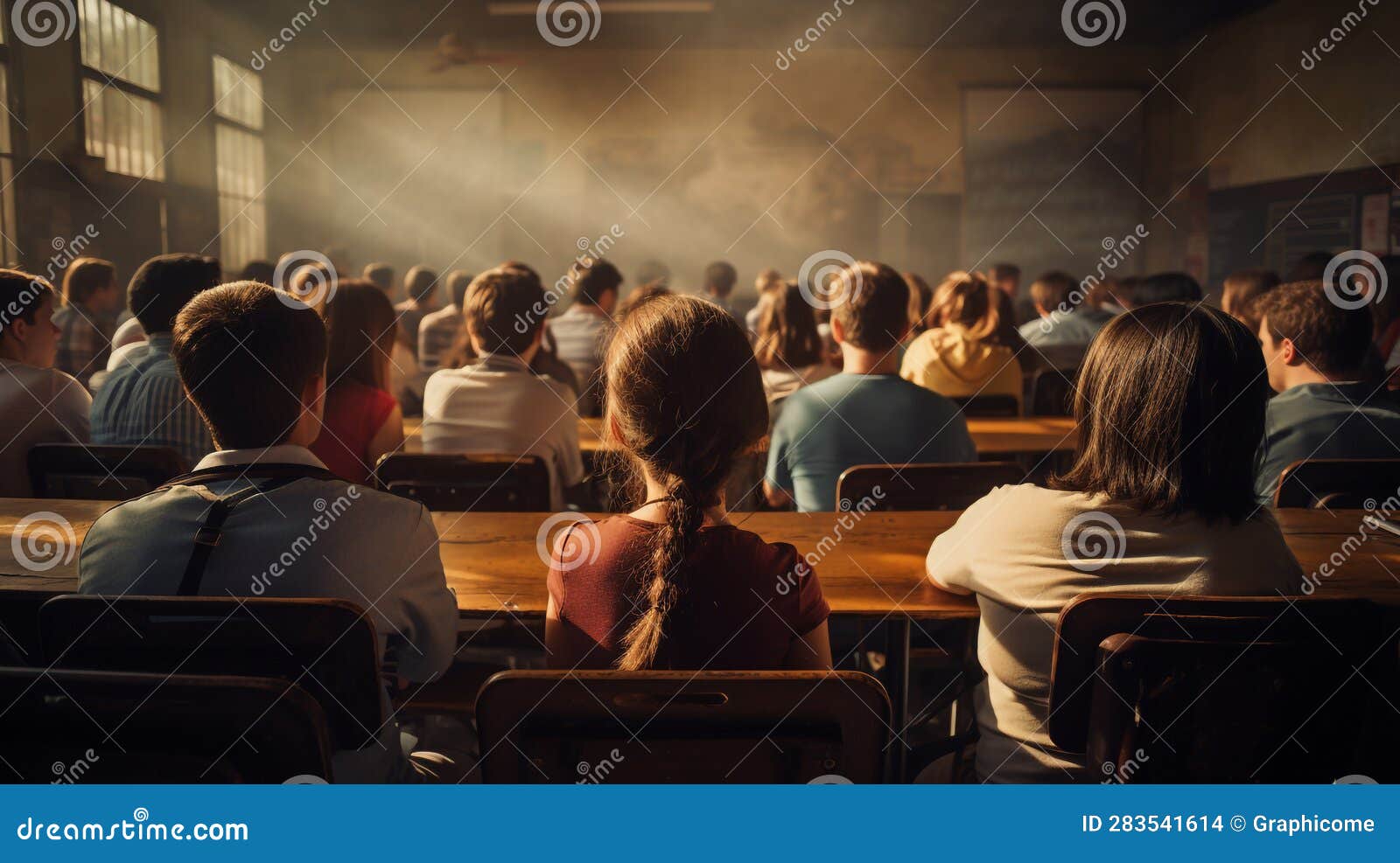 A Large Classroom with Young Students Working Hard Stock Illustration ...