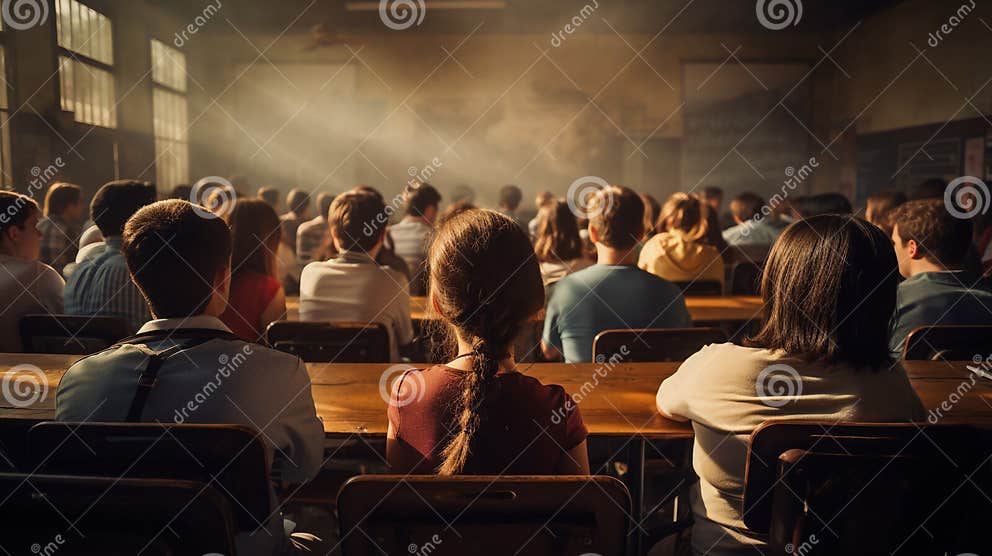 A Large Classroom with Young Students Working Hard Stock Illustration ...