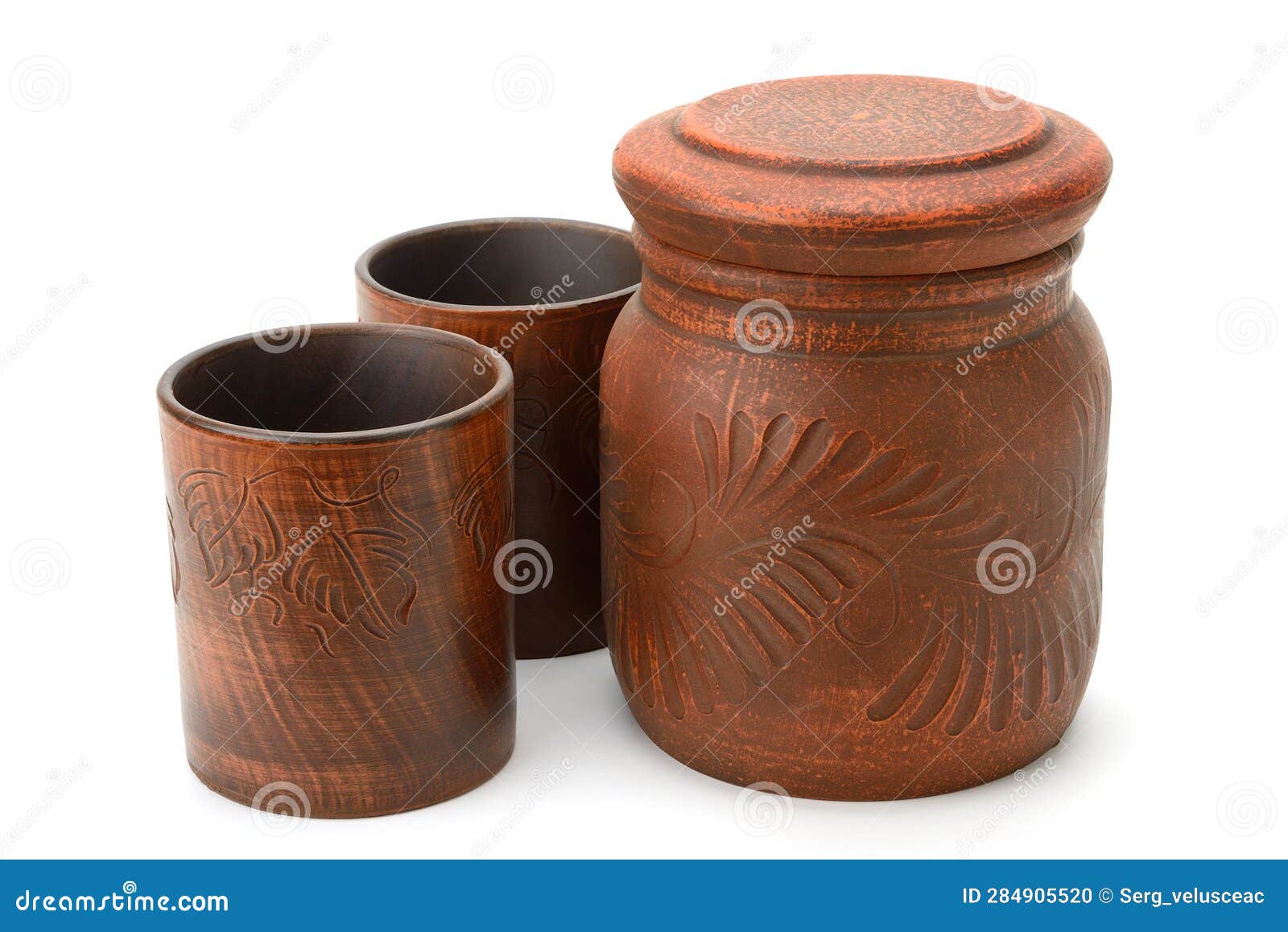 Large Clay Pot and Cups Isolated on White Stock Photo - Image of ...