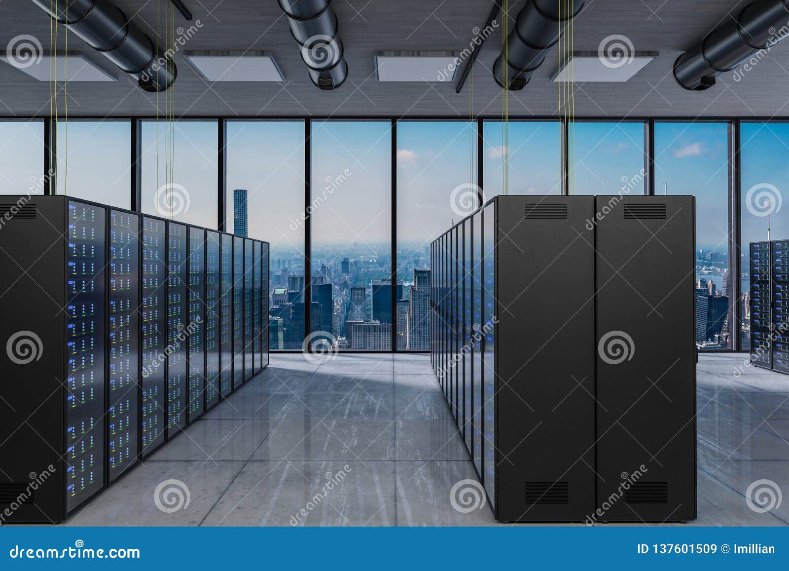Large Clean Modern Server Room with Skyline View Large Windows, 3D ...