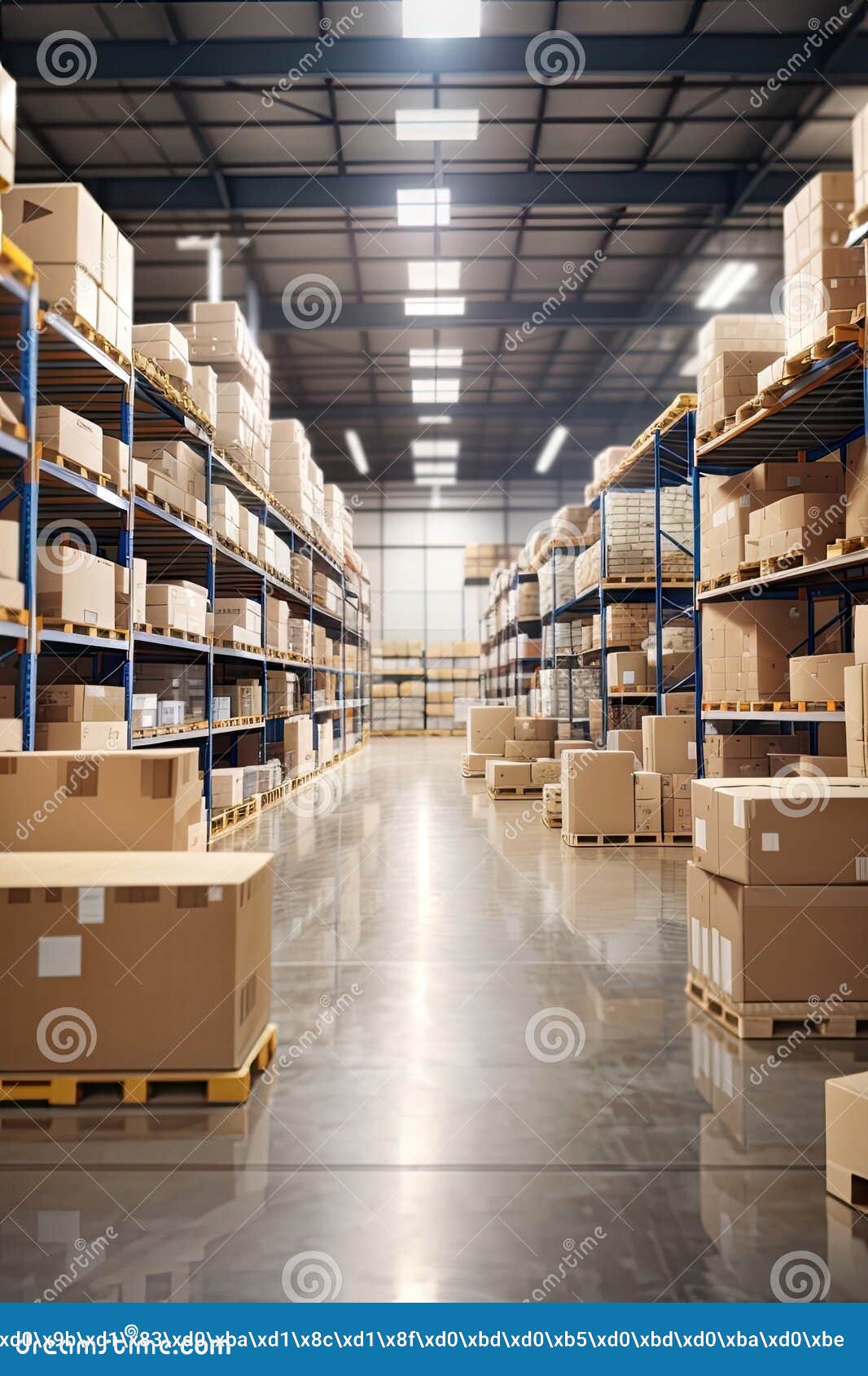A Large Clean Warehouse with Shelfs Carboard Bokeh. Ai Generative Stock ...