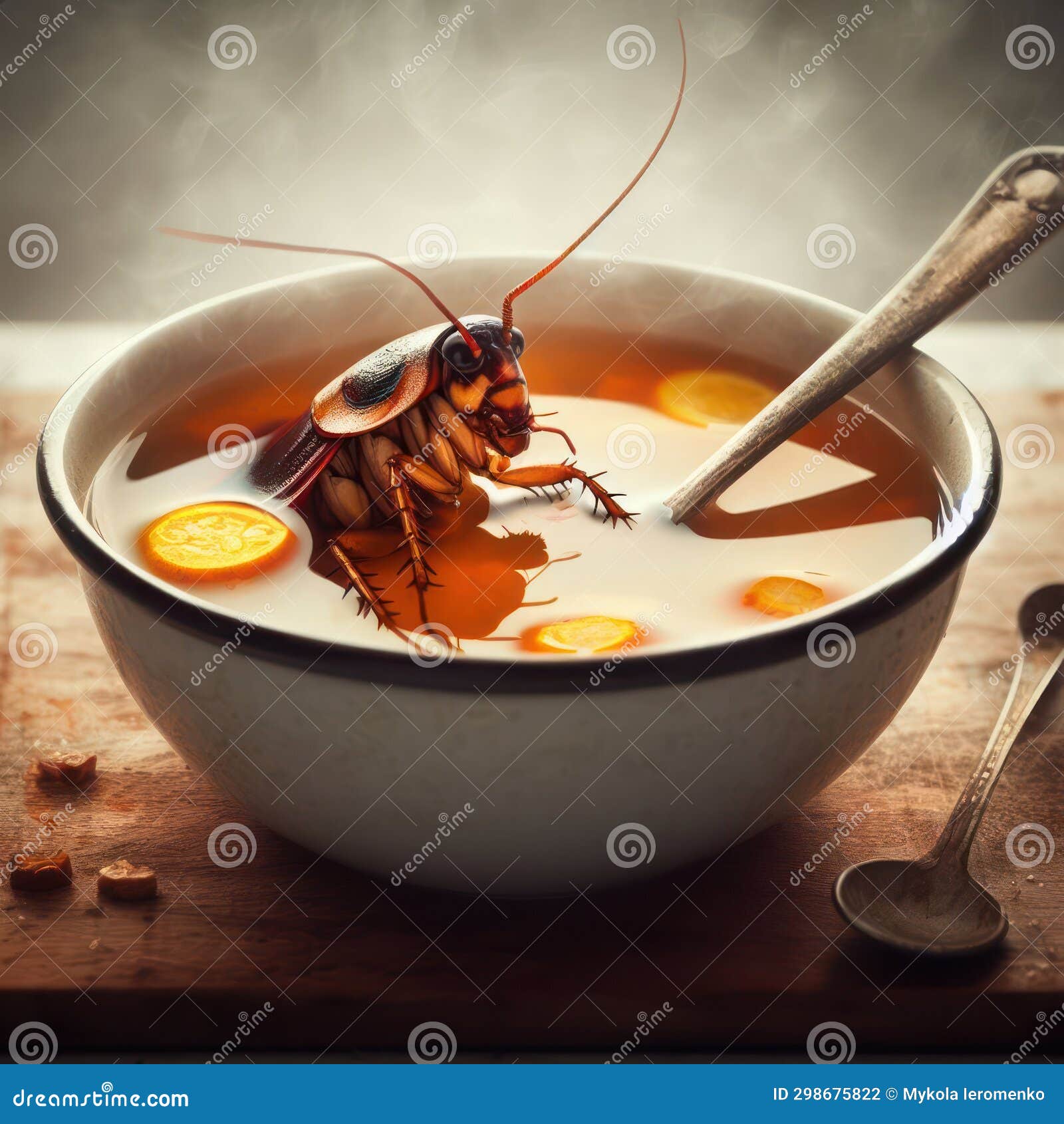 A Large Cockroach Swims in a Plate of Food. Stock Photo - Image of dish ...