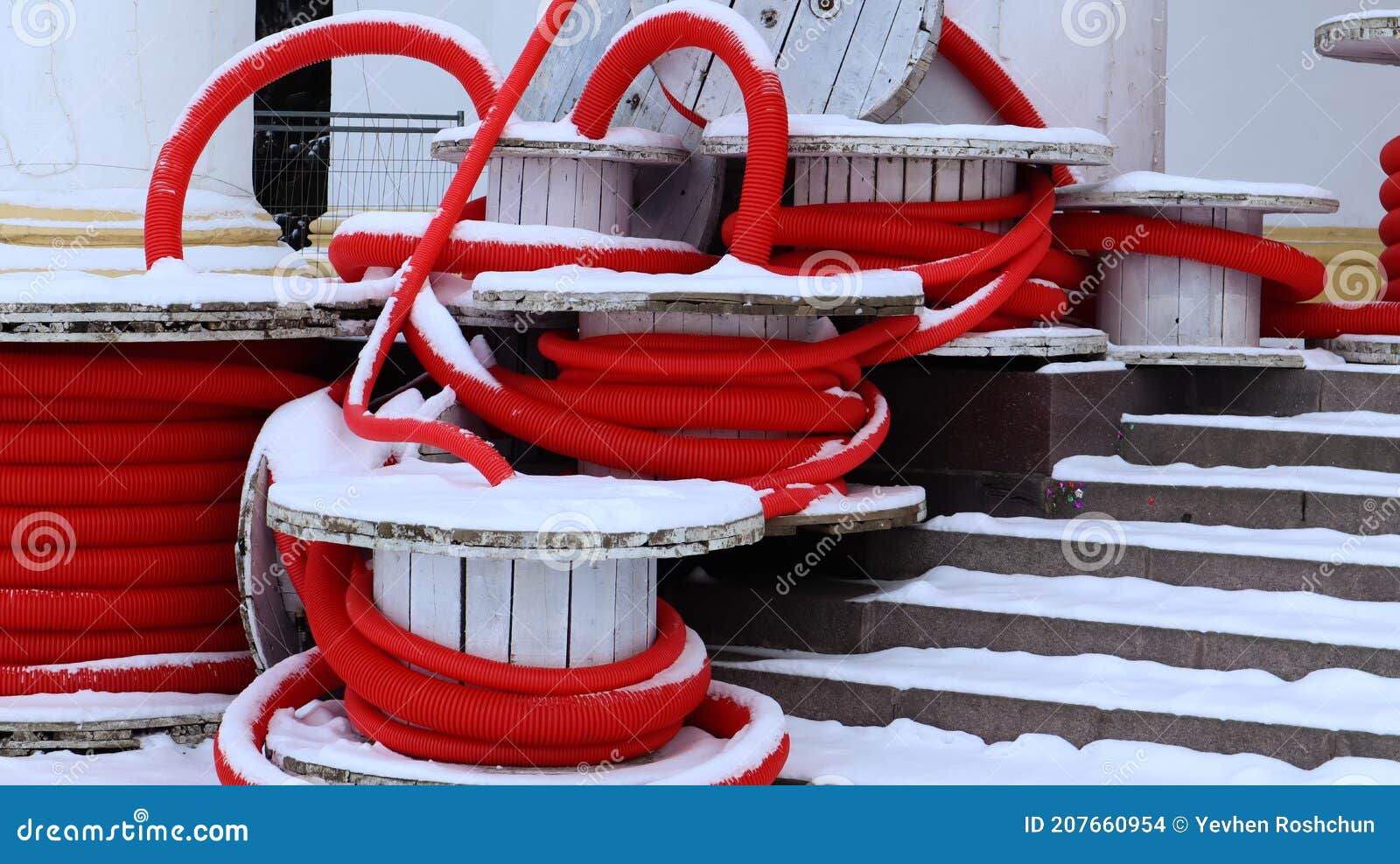 Large Coils of Red Flexible Corrugated Pipe Used To Protect Cables in ...