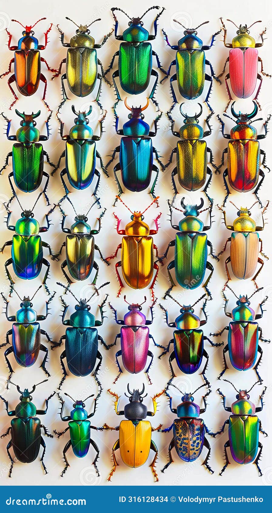 A Large Collection of Colorful Beetles on a White Wall Stock Photo ...
