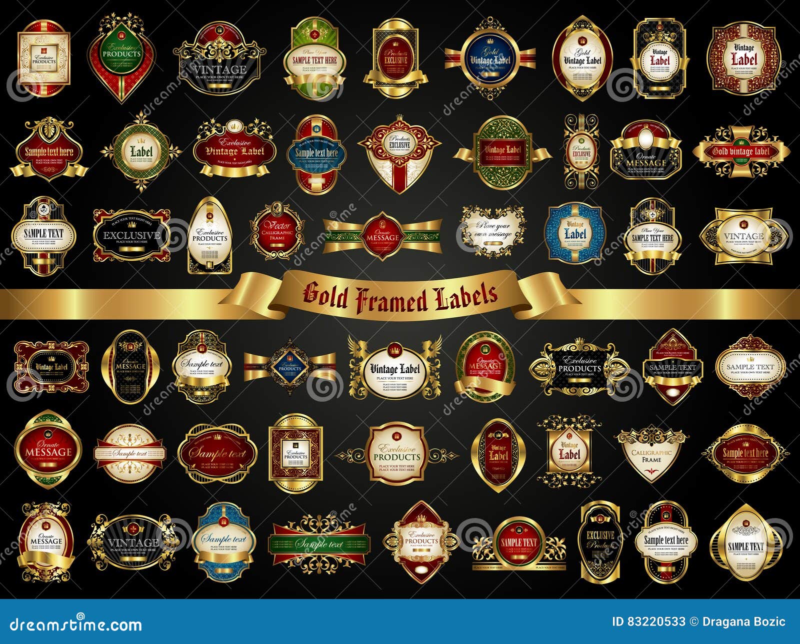 Large Collection of Colorful Gold-framed Labels in Vintage Style on a ...