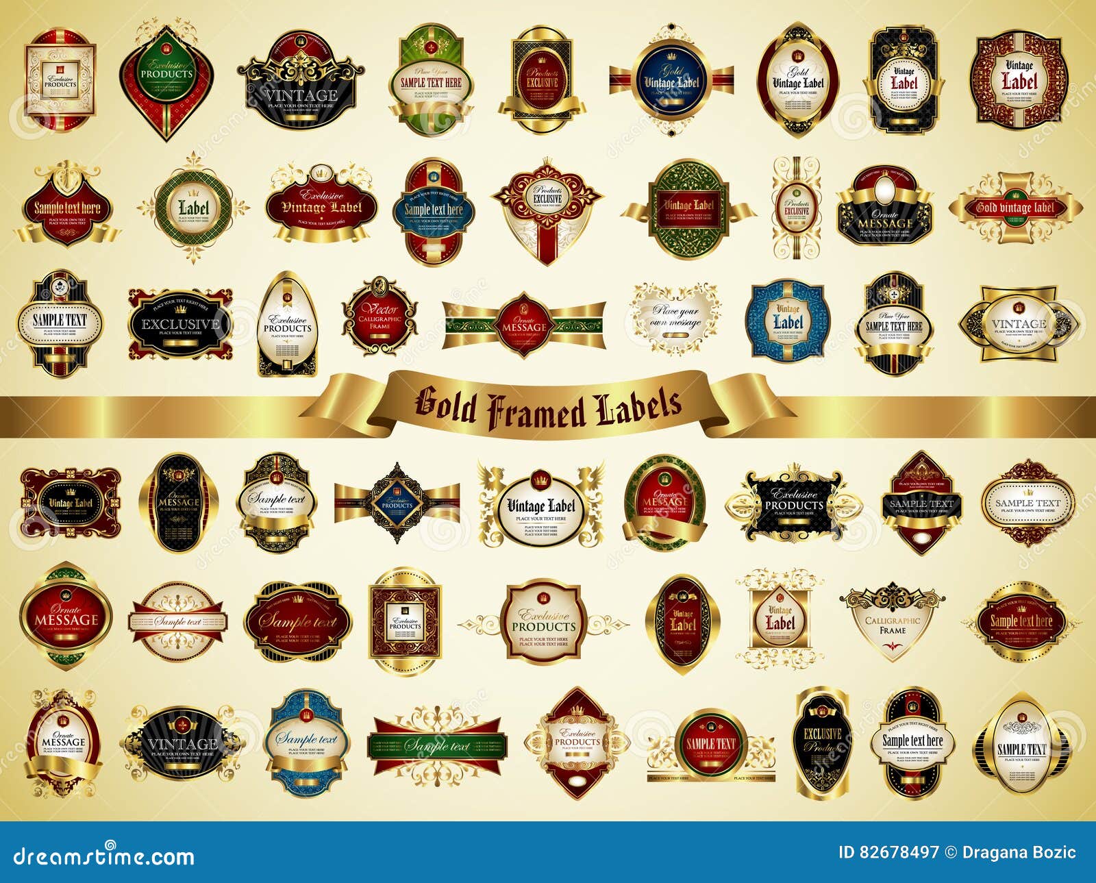 Large Collection of Colorful Gold-framed Labels in Vintage Style Stock ...