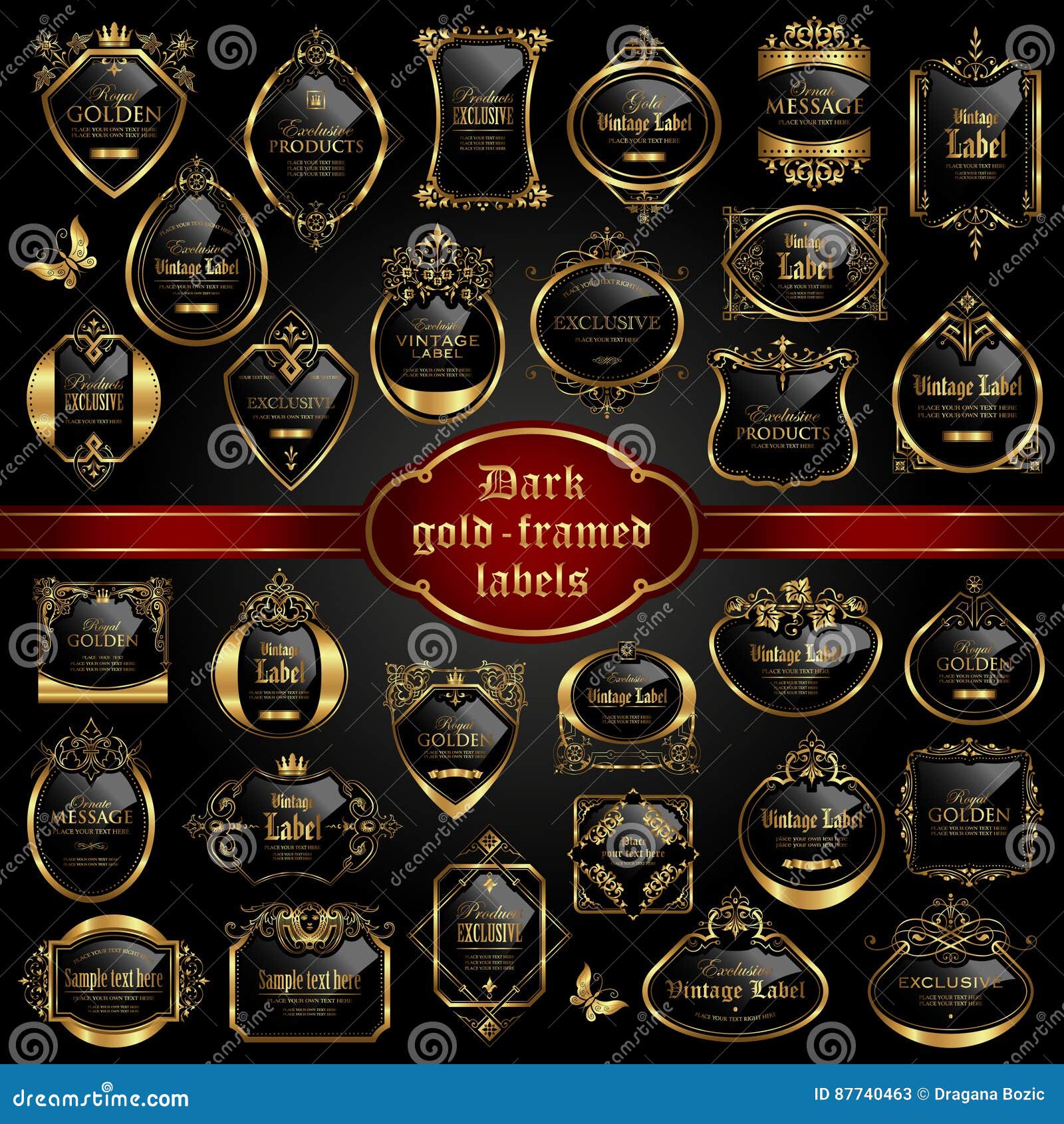 Large Collection of Dark Gold-framed Labels in Vintage Style Stock ...