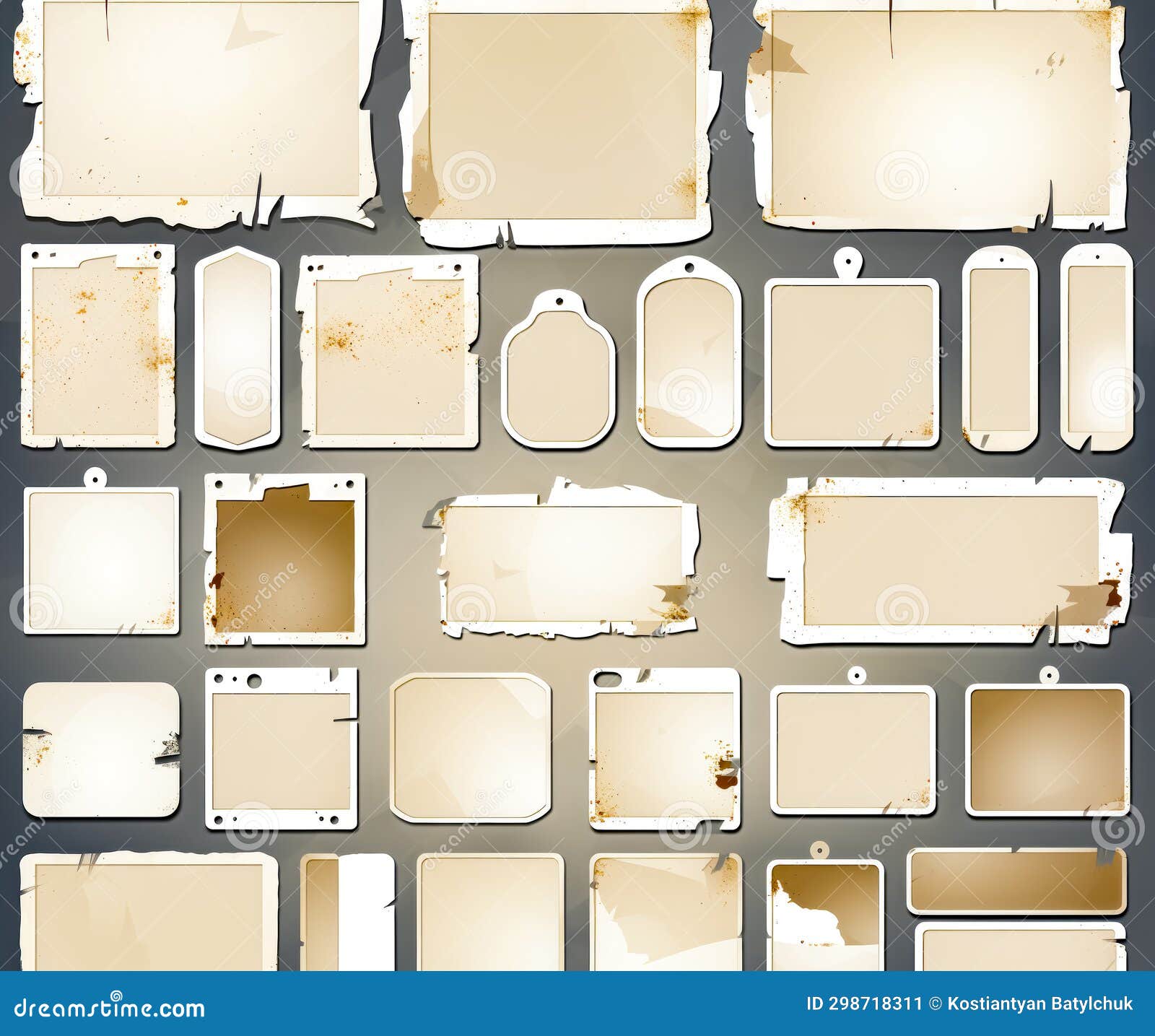 Large Collection of Old Torn Paper Tags and Tags on Gray Background ...