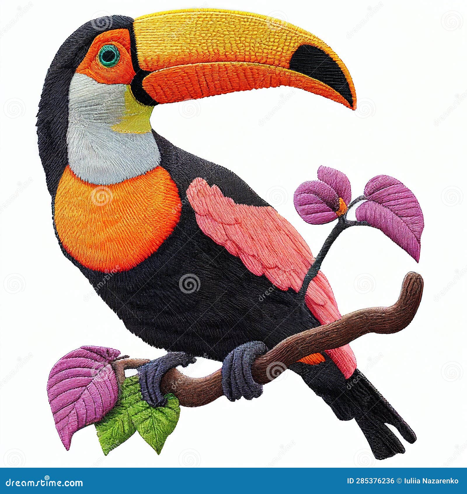 Large Colorful Toucan Embroidered with Multi-colored Threads on White ...