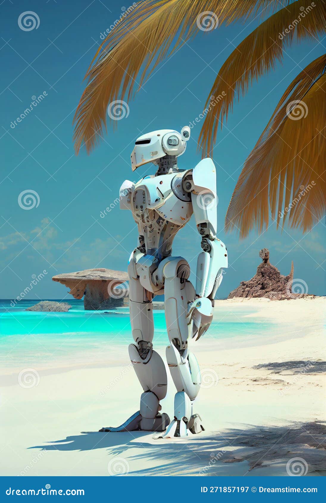 A Large Combat Robot on the Beach of a Luxurious Tropical Resort. AI ...