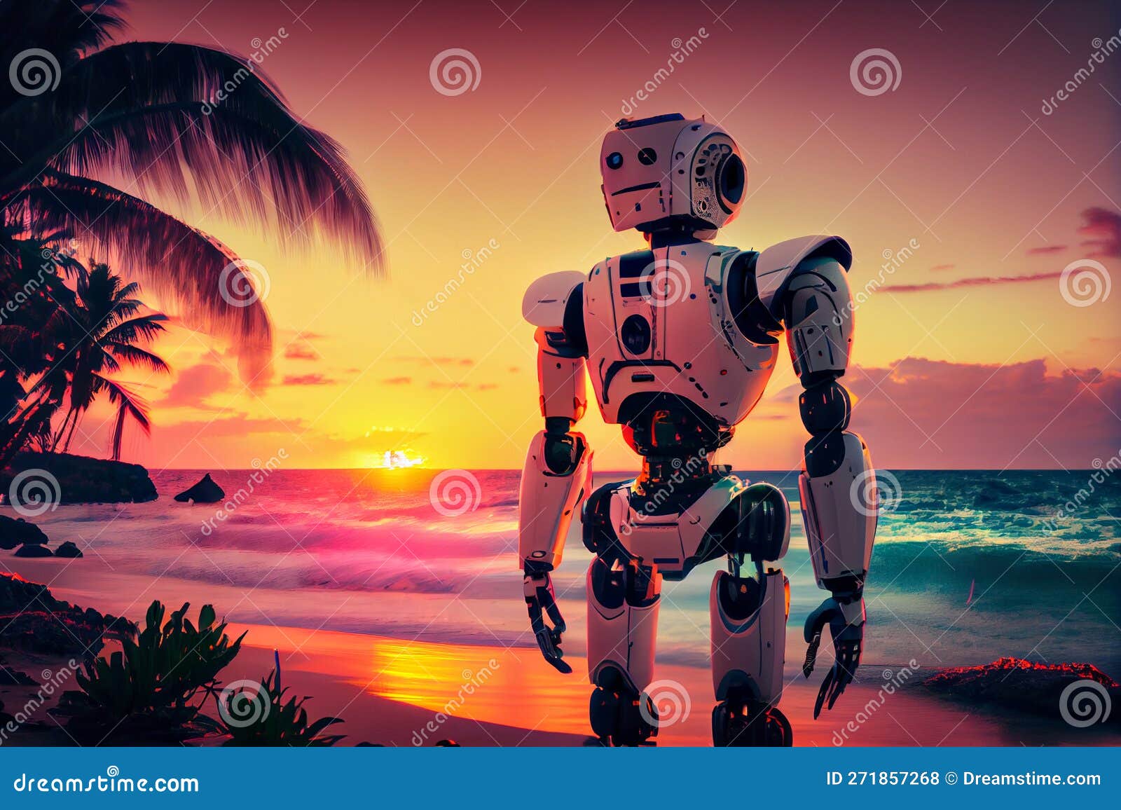 A Large Combat Robot on the Beach of a Luxurious Tropical Resort. AI ...