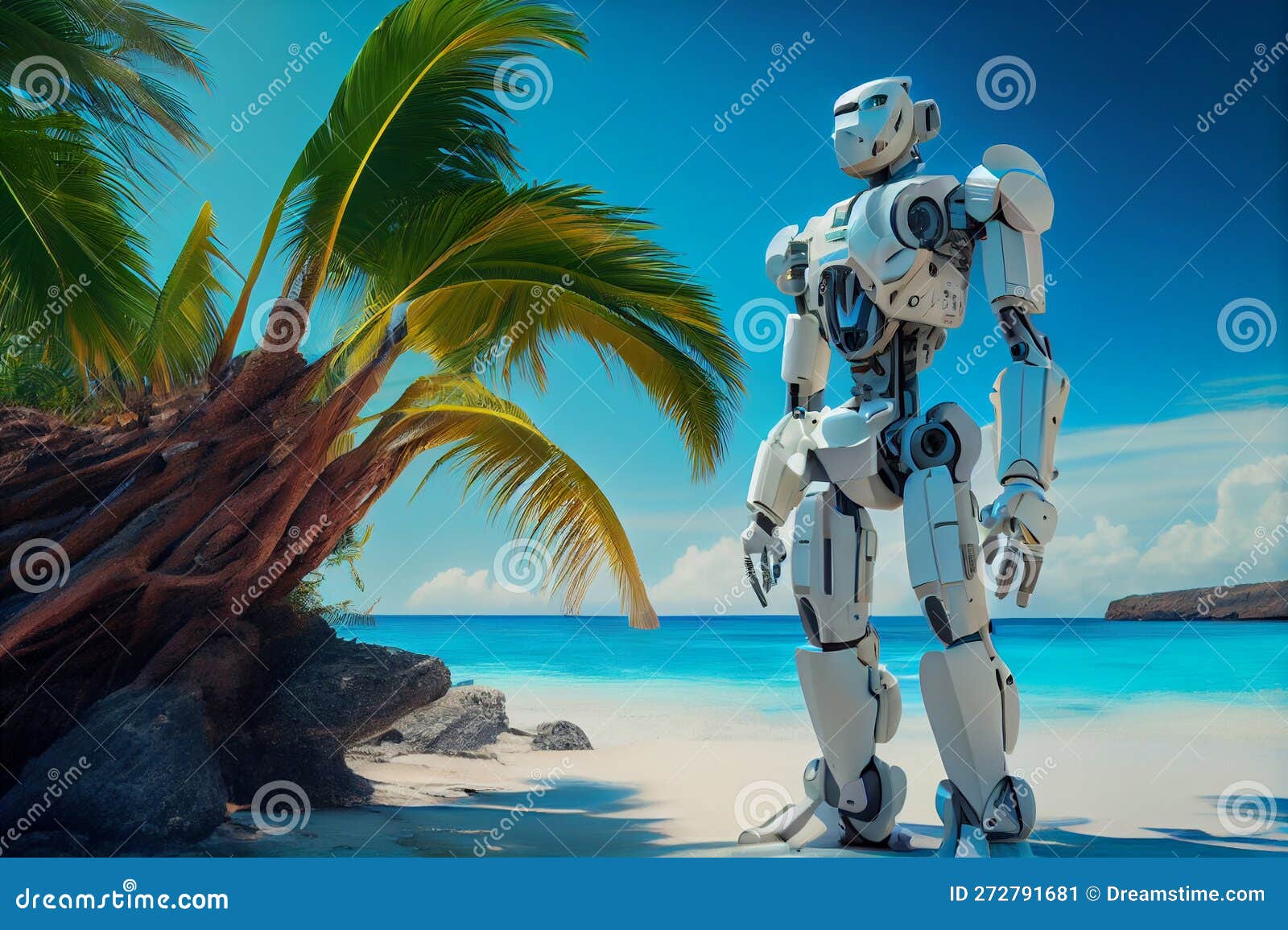 A Large Combat Robot on the Beach of a Luxurious Tropical Resort. AI ...