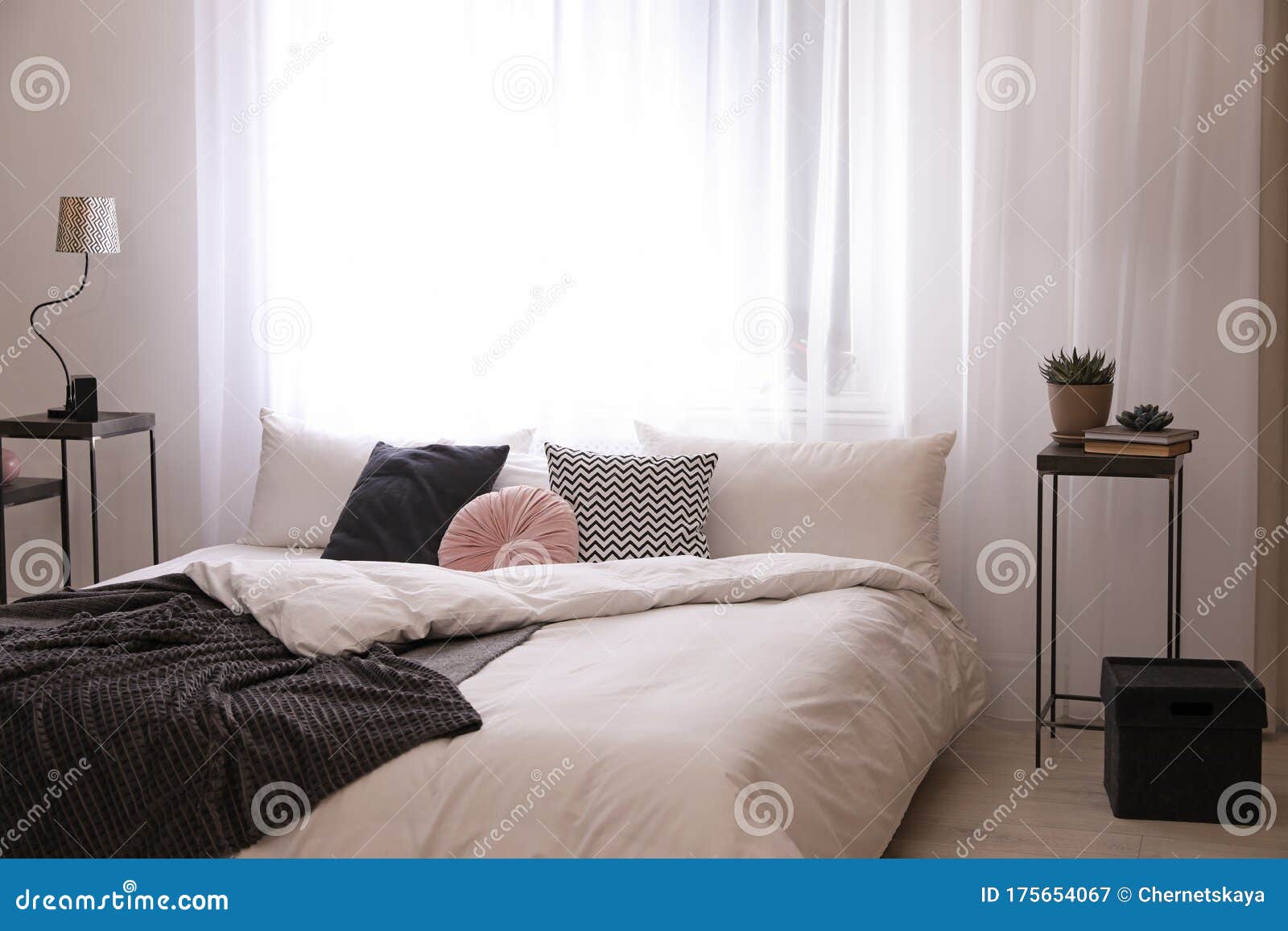 Large Comfortable Bed in Room Interior Stock Image - Image of ...