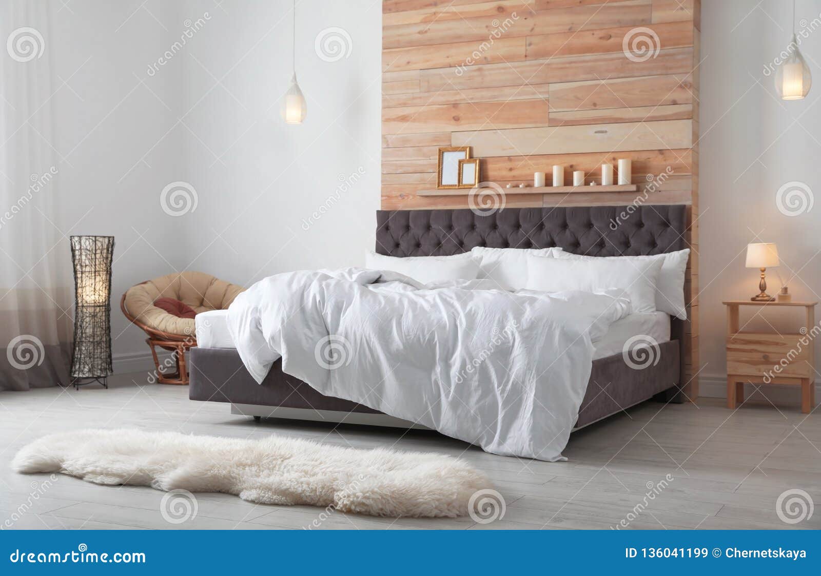 Large Comfortable Bed in Stylish Room. Stock Image - Image of house ...