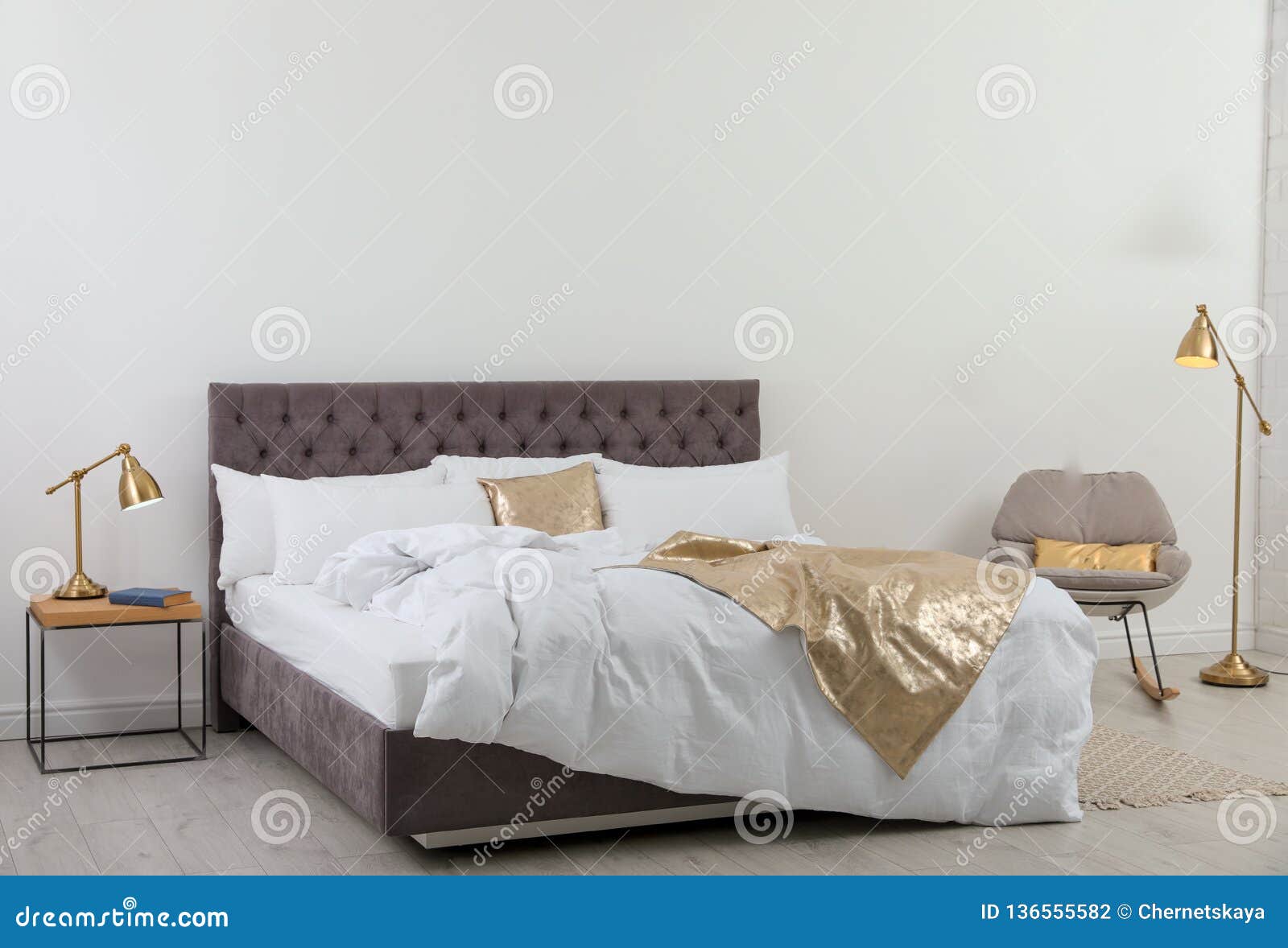 Large Comfortable Bed in Stylish Room. Modern Interior Stock Photo ...