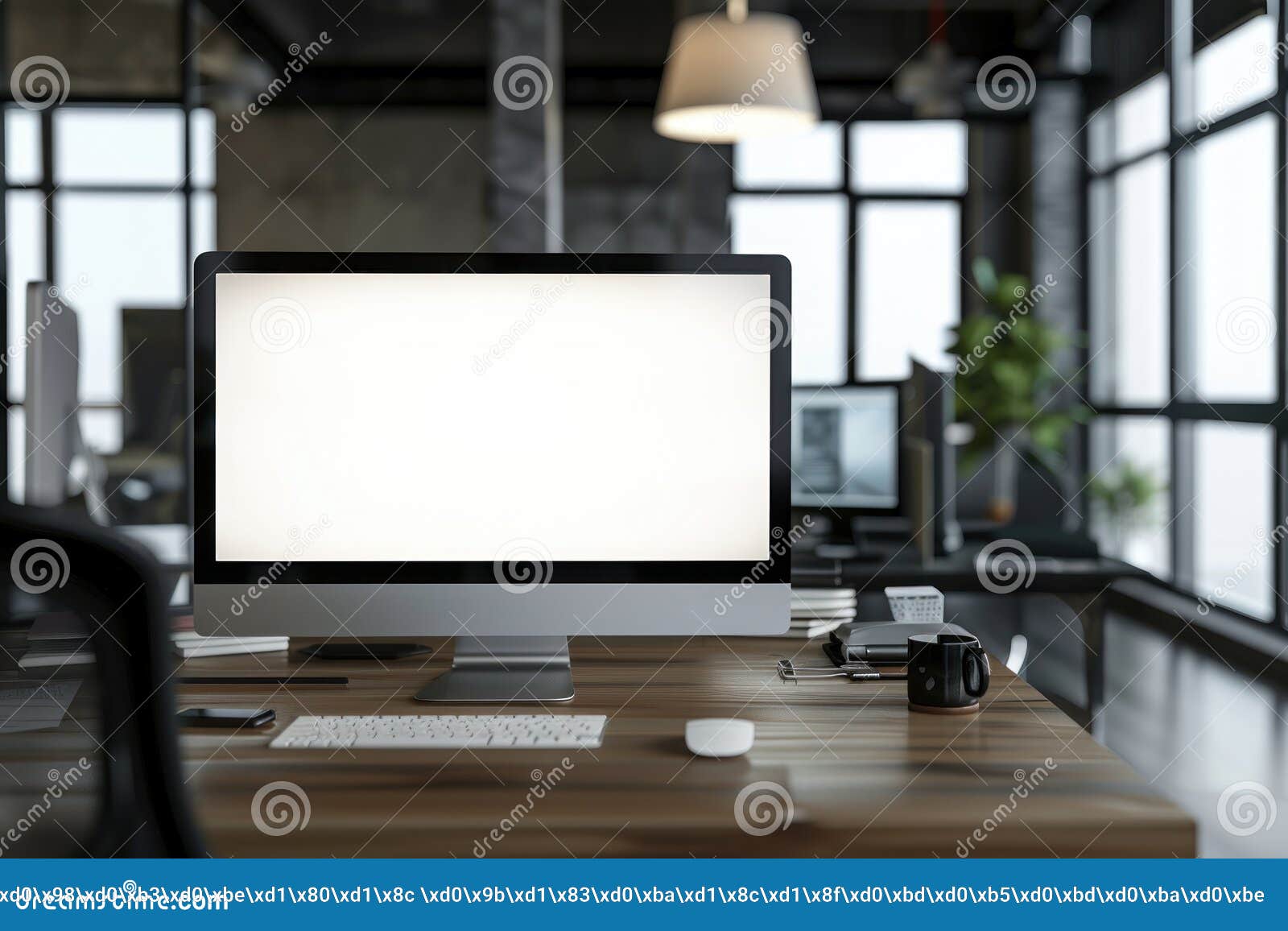 Large Computer Screen on Desk in Empty Modern Office Stock Illustration ...
