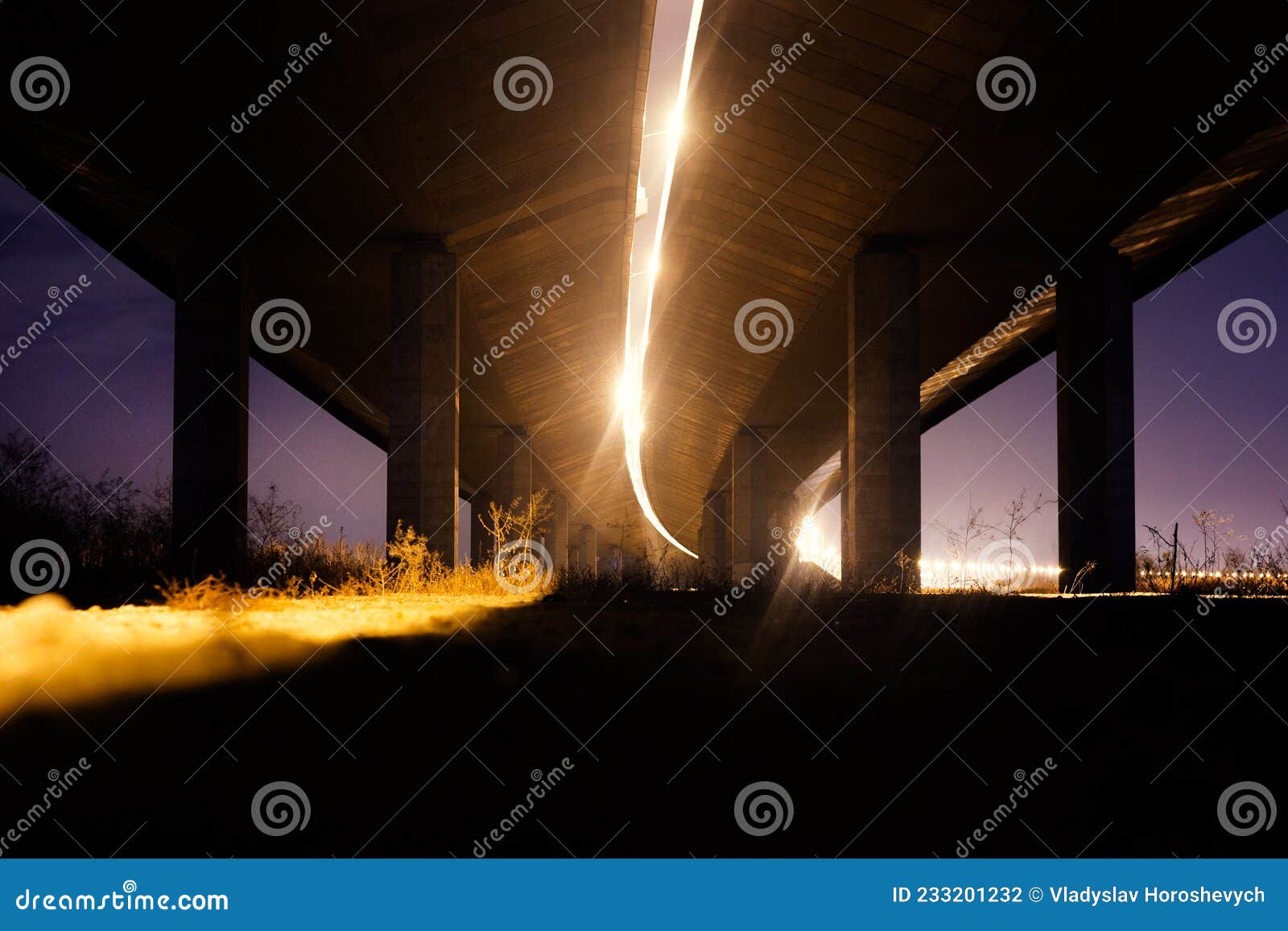Large Concrete Columns Under the Bridge at Night Stock Photo - Image of ...