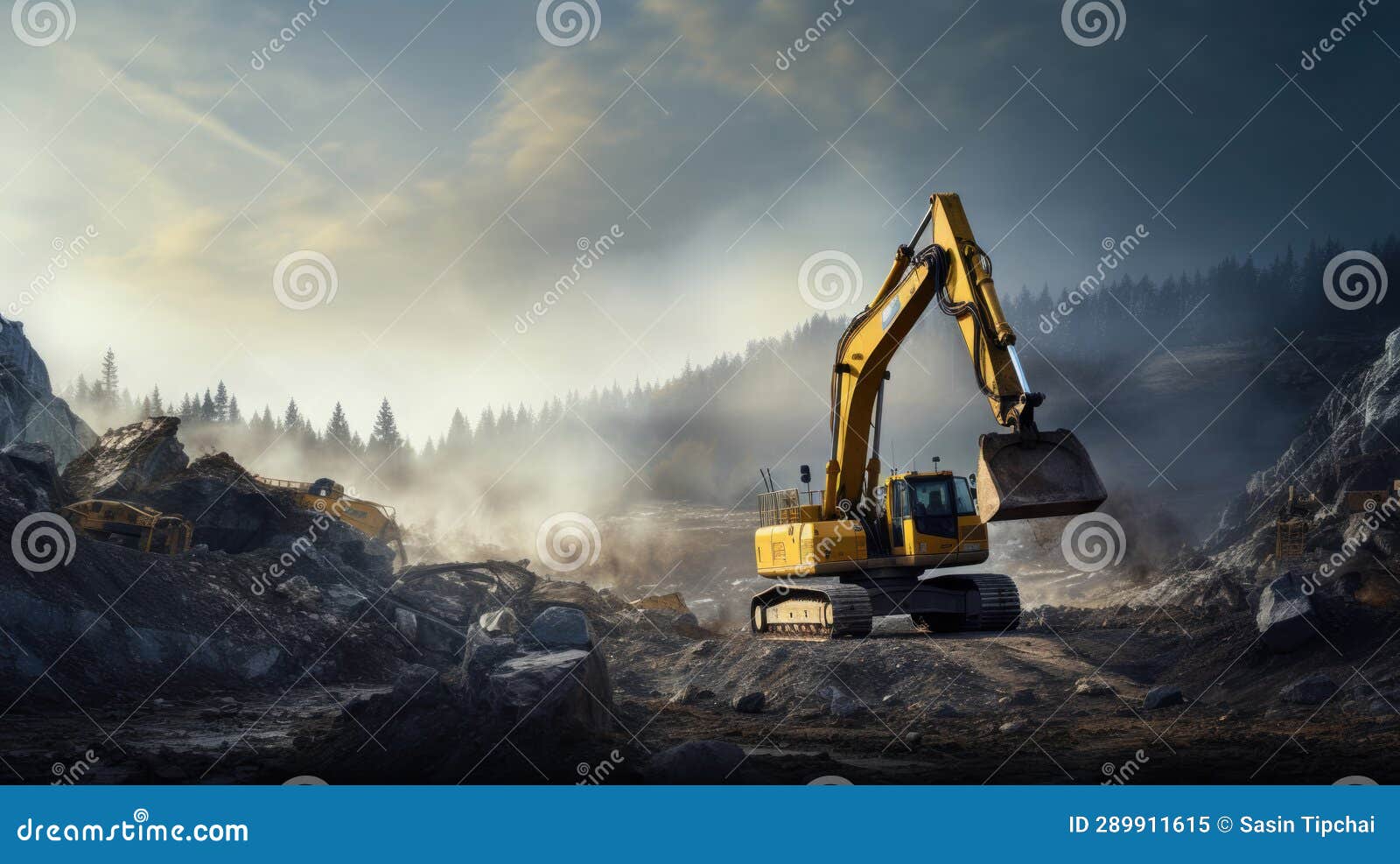 A Large Construction Back Hoe Vehicle on a Large Rock Pile with Another ...