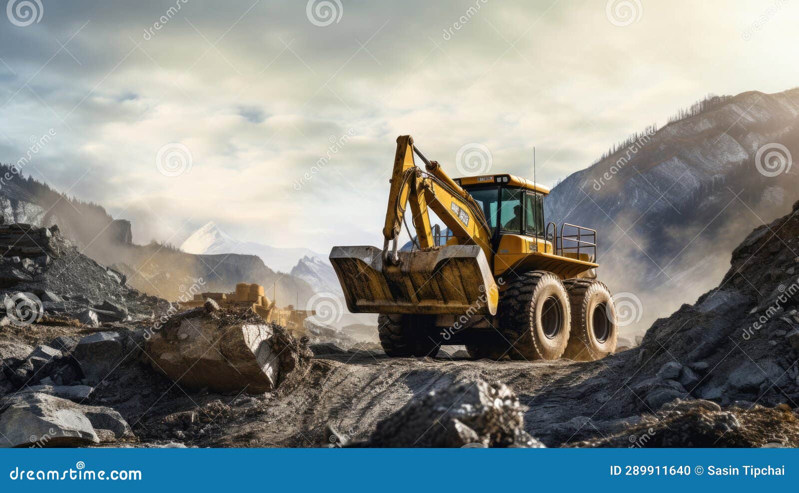 A Large Construction Back Hoe Vehicle on a Large Rock Pile with Another ...