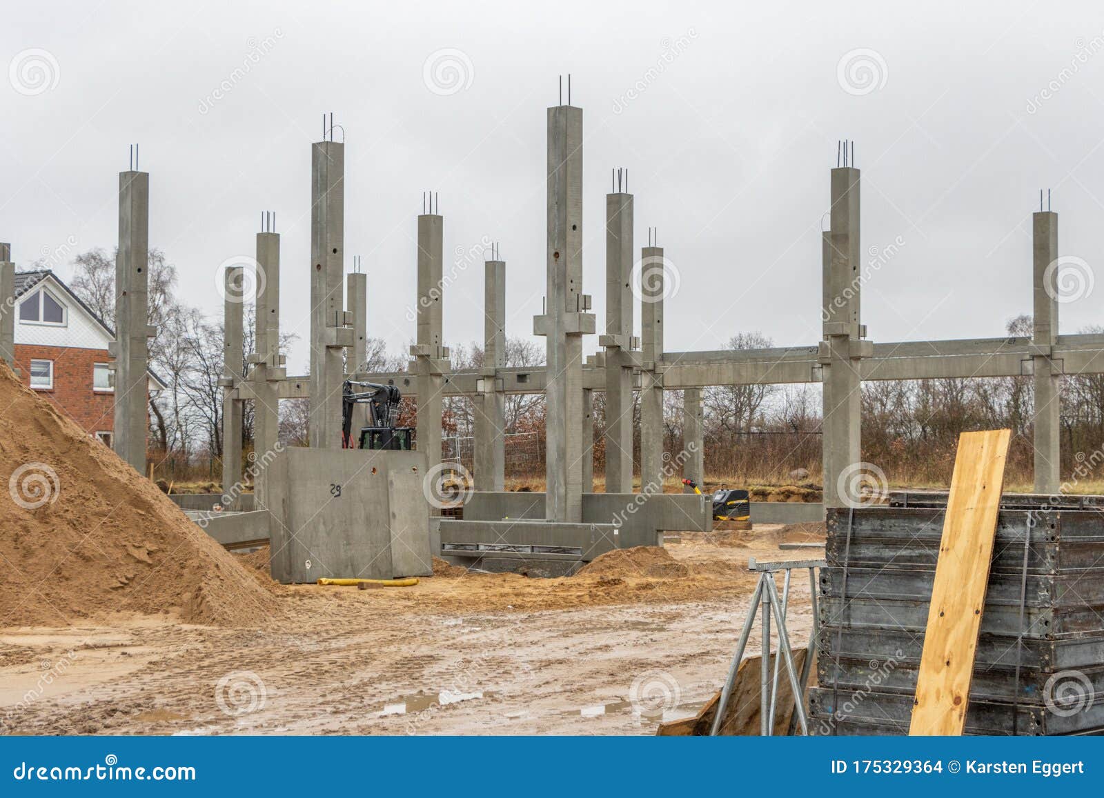Large Construction Site Many Concrete Columns are Placed with the Help ...