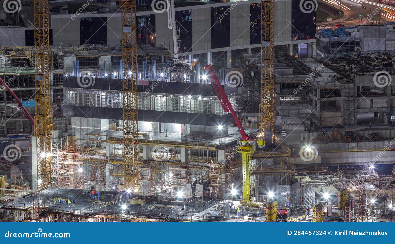 Large Construction Site with Many Working Cranes Night Timelapse. Stock ...