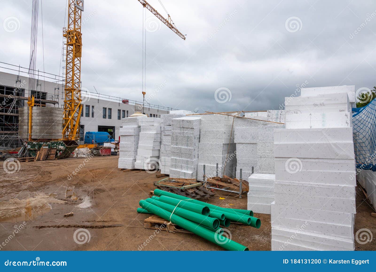 Large Construction Site There are Many Stacks of Insulation Boards ...