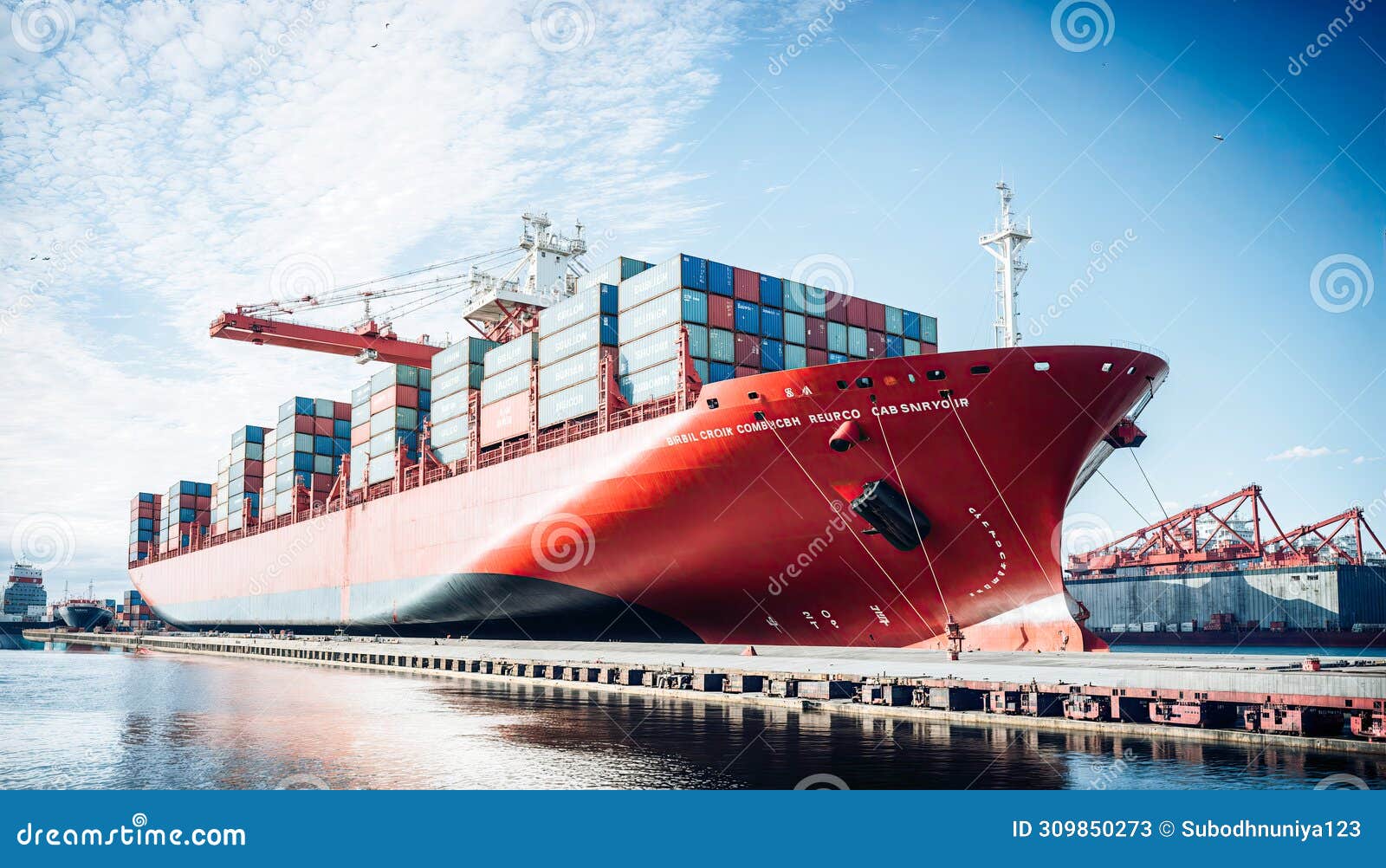 A Large Container Ship is Docked at a Port the Ship is Red and White ...