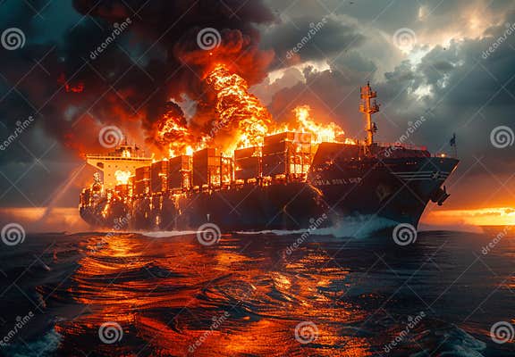 Large Container Ship is on Fire in the Middle of the Ocean. Stock Image ...