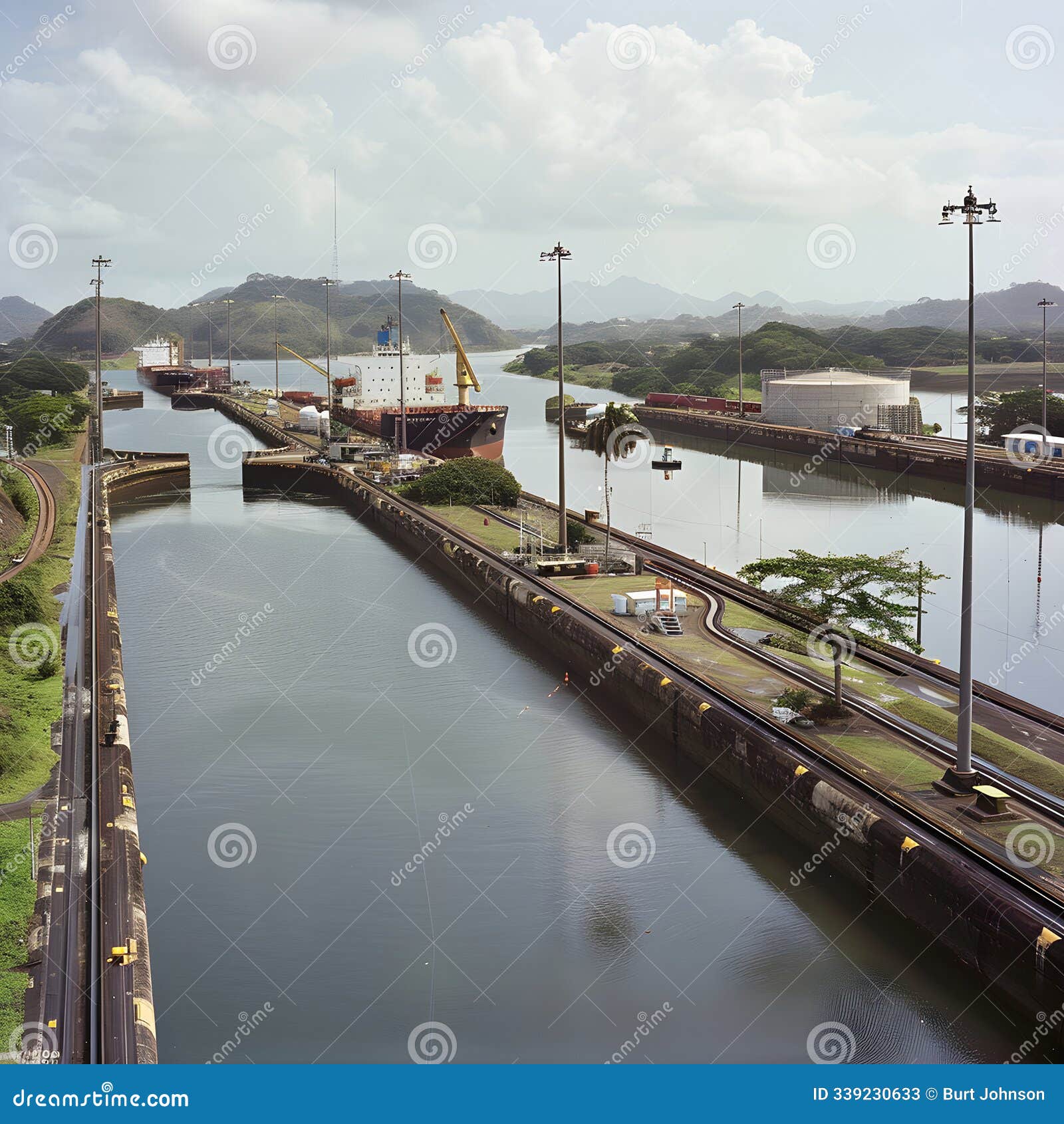 Container Ship Transiting Panama Canal Lock With Water Tanks Royalty ...
