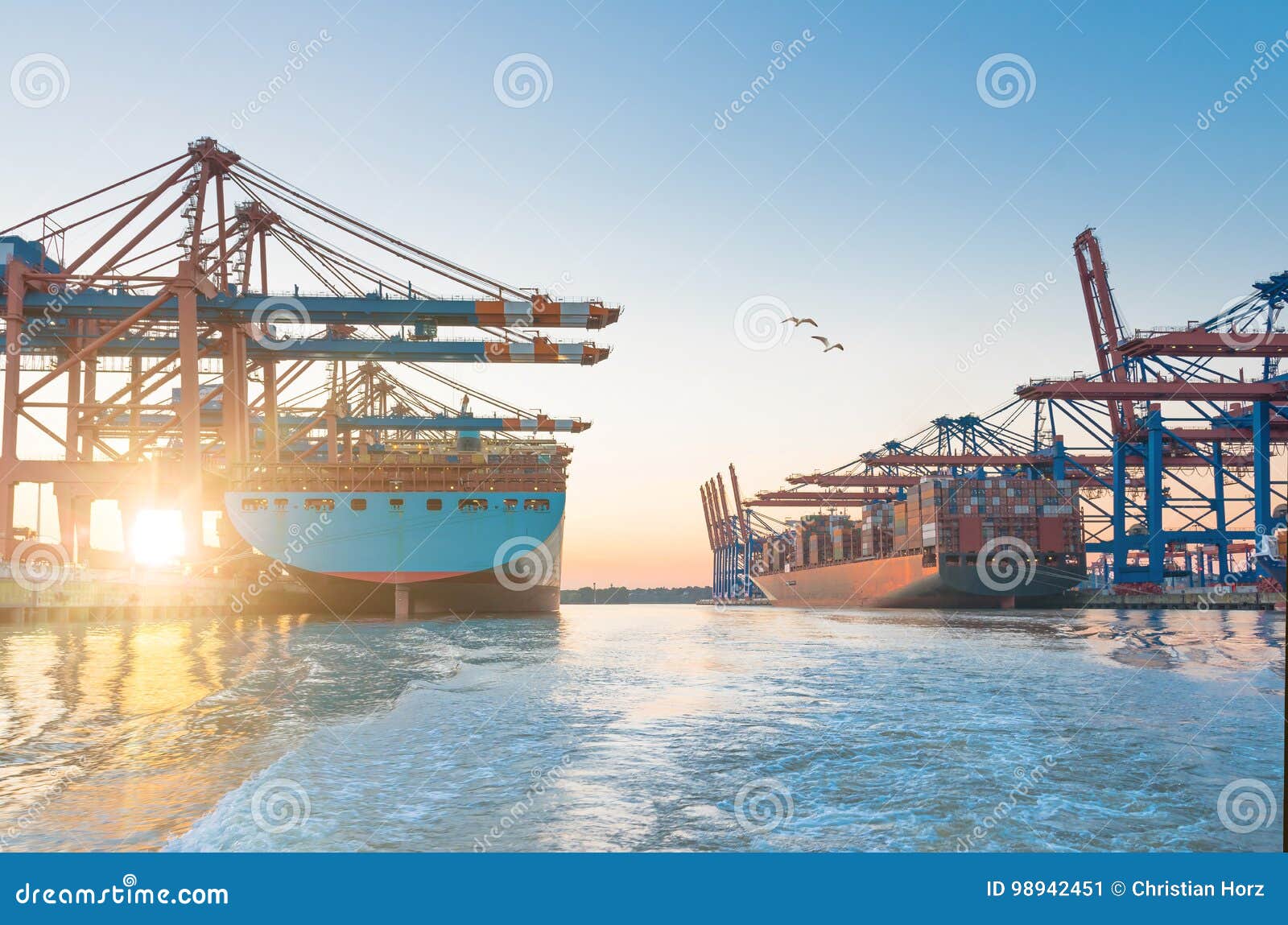 Large Container Ships in Harbor with Beautiful Sunset Stock Image ...