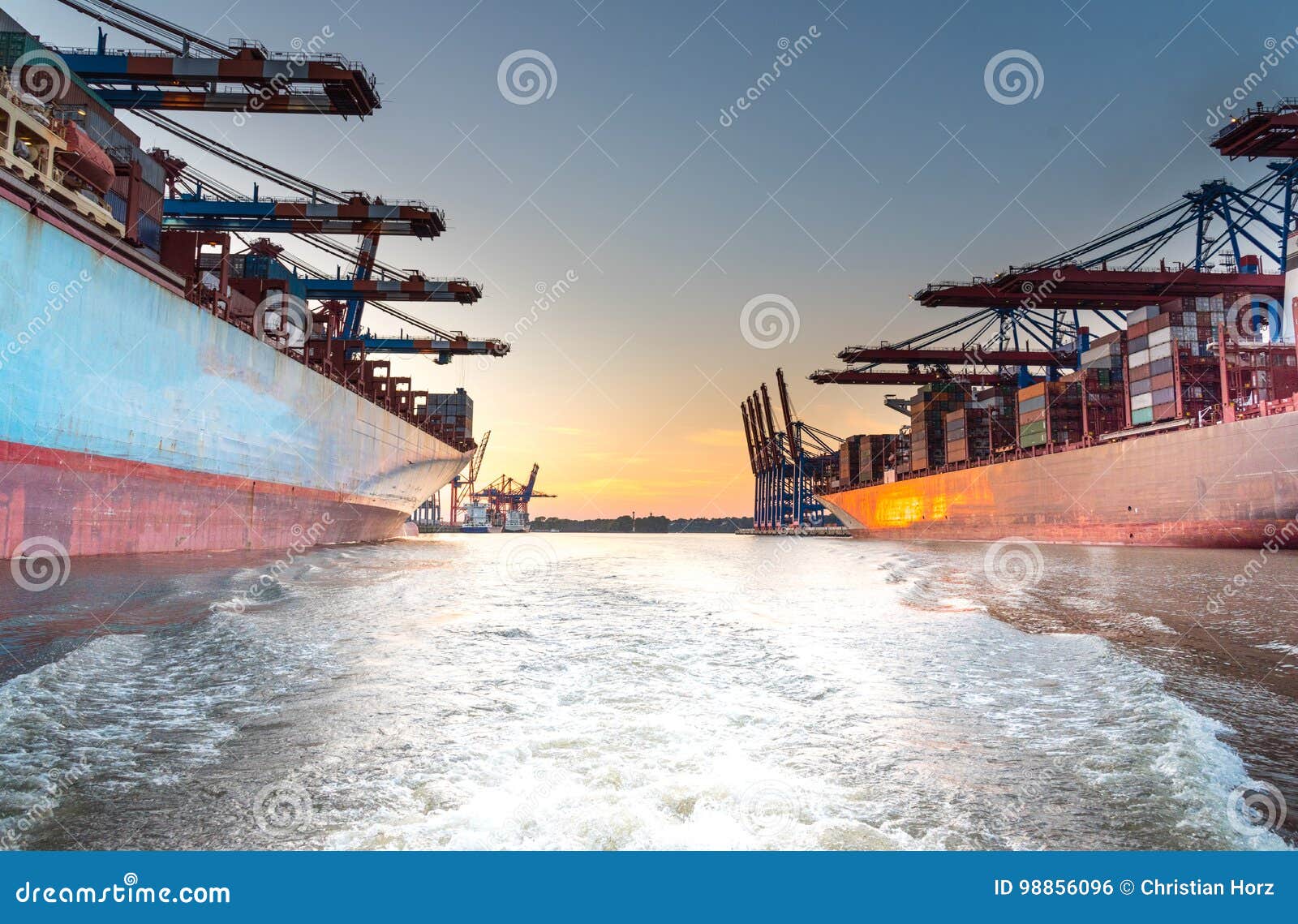Large Container Ships in Harbor at Sunset Stock Photo - Image of ...