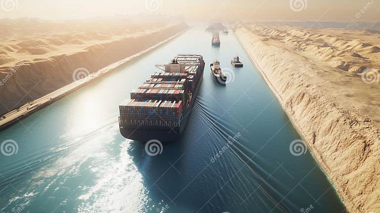 Large Container Ships Navigating the Suez Canal during a Clear Sunset ... Large Container Ships Navigating the Suez Canal during a Clear Sunset ...