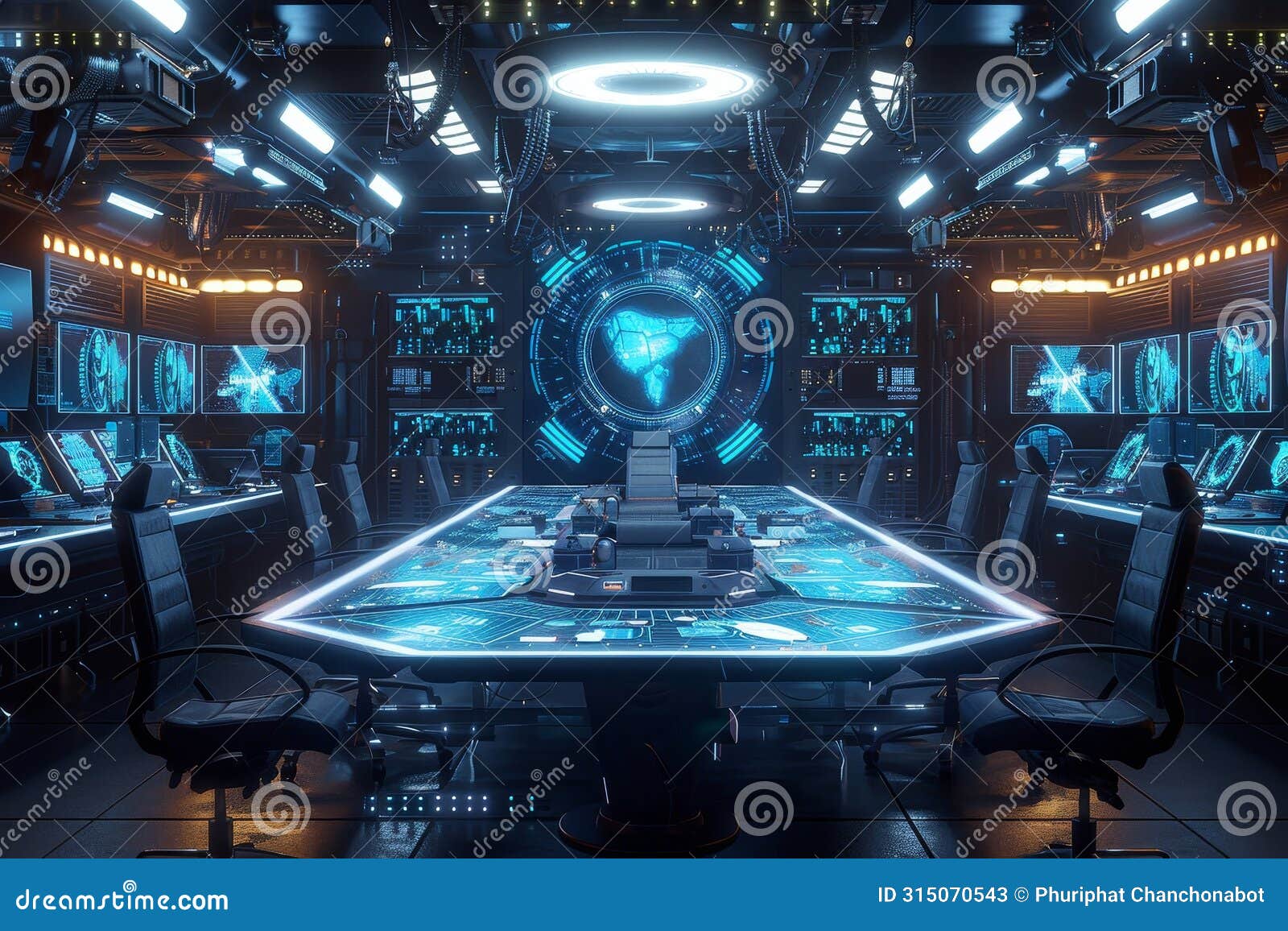 A Large Control Room Room with a Blue Ceiling and a Large Screen on the ...