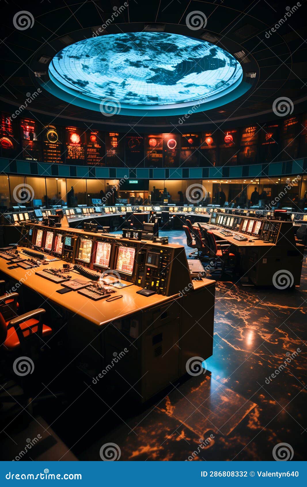 Large Control Room with Multiple Monitors and Lot of Desks. Generative ...