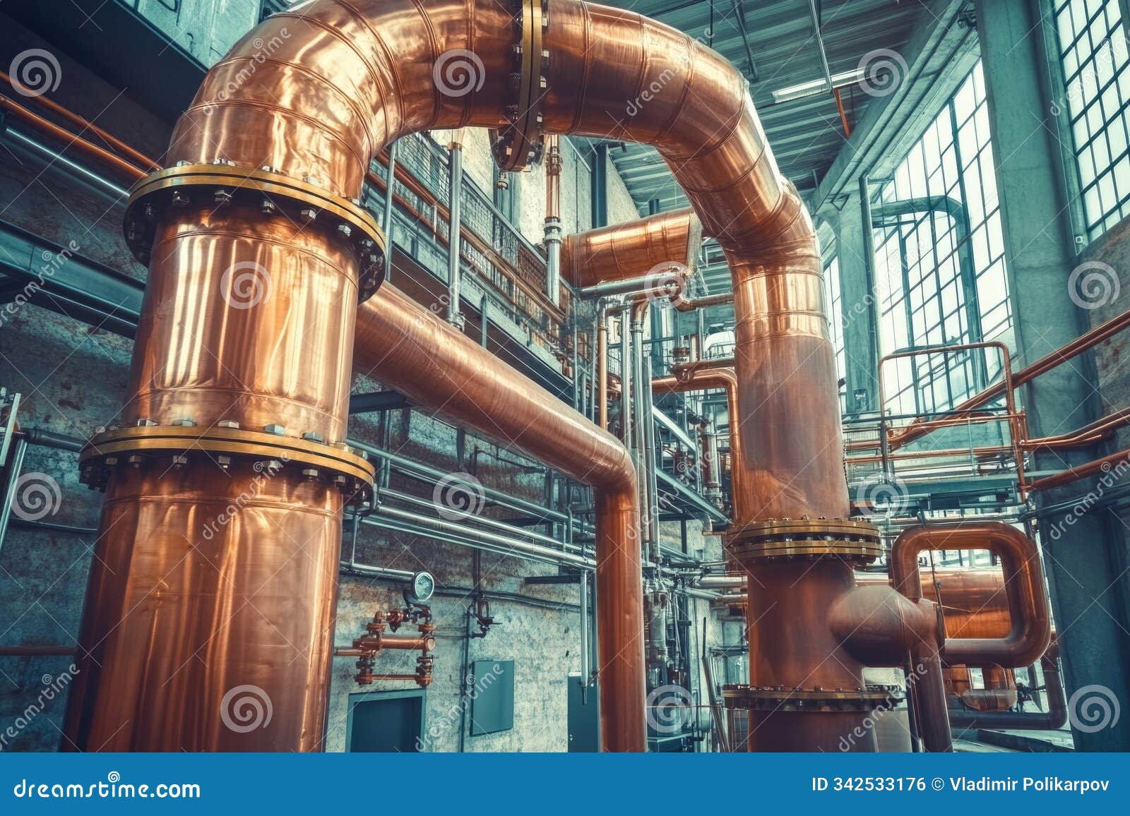 A Large Copper Pipe Installed in a Modern Building with Many Windows ...