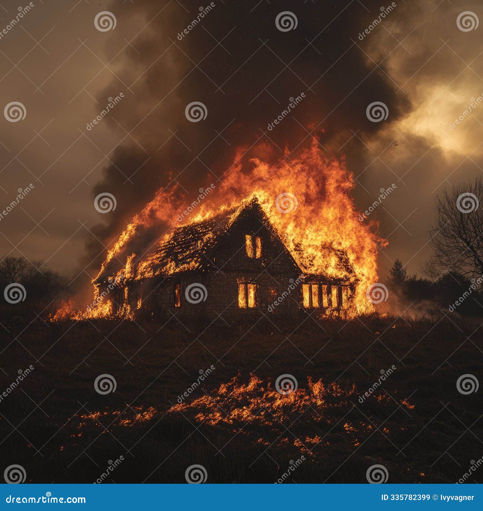 A Large Cottage on Fire, Flames Bursting through the Windows Stock ...