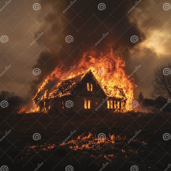 A Large Cottage on Fire, Flames Bursting through the Windows Stock ...