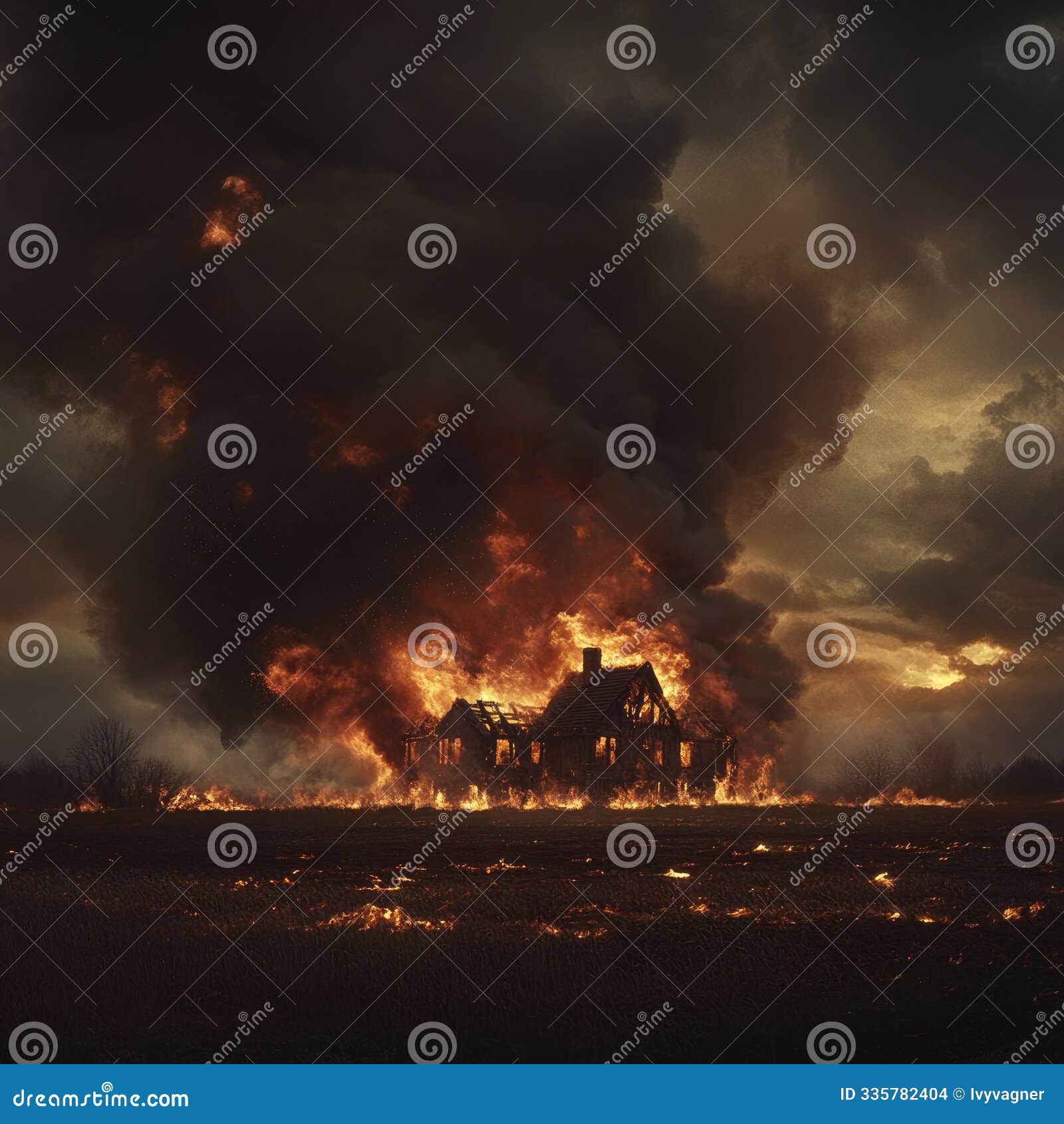 A Large Cottage on Fire, Flames Bursting through the Windows Stock ...