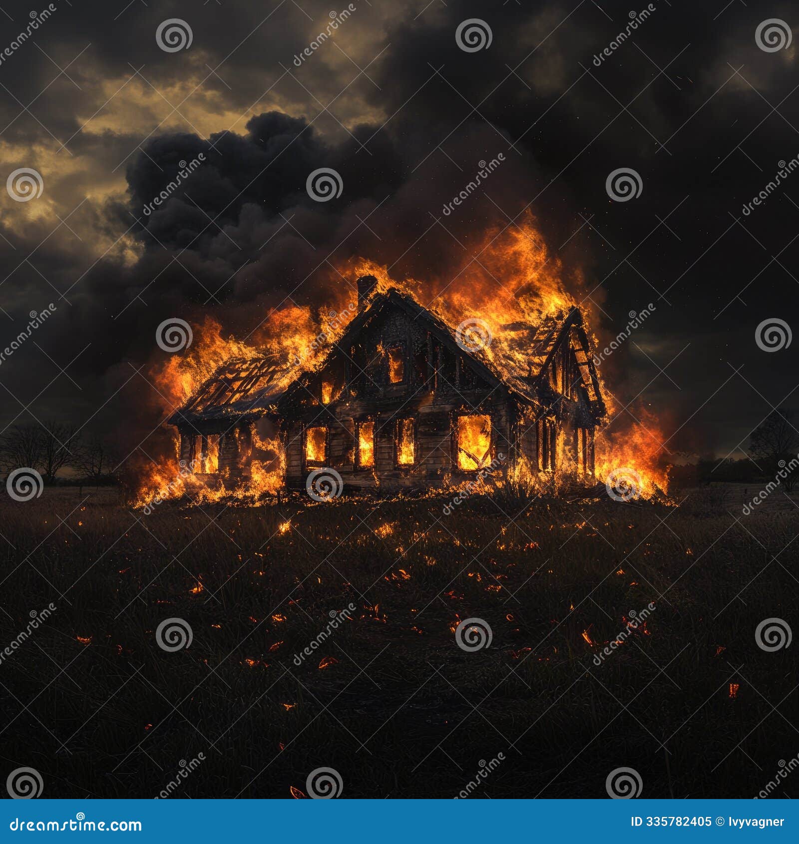 A Large Cottage on Fire, Flames Bursting through the Windows Stock ...