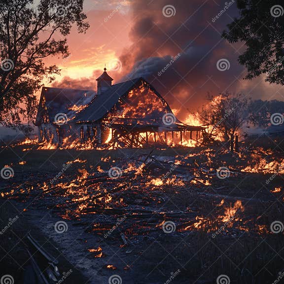 A Large Cottage on Fire, Flames Bursting through the Windows Stock ...