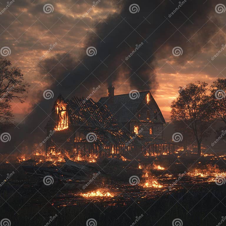 A Large Cottage on Fire, Flames Bursting through the Windows Stock ...