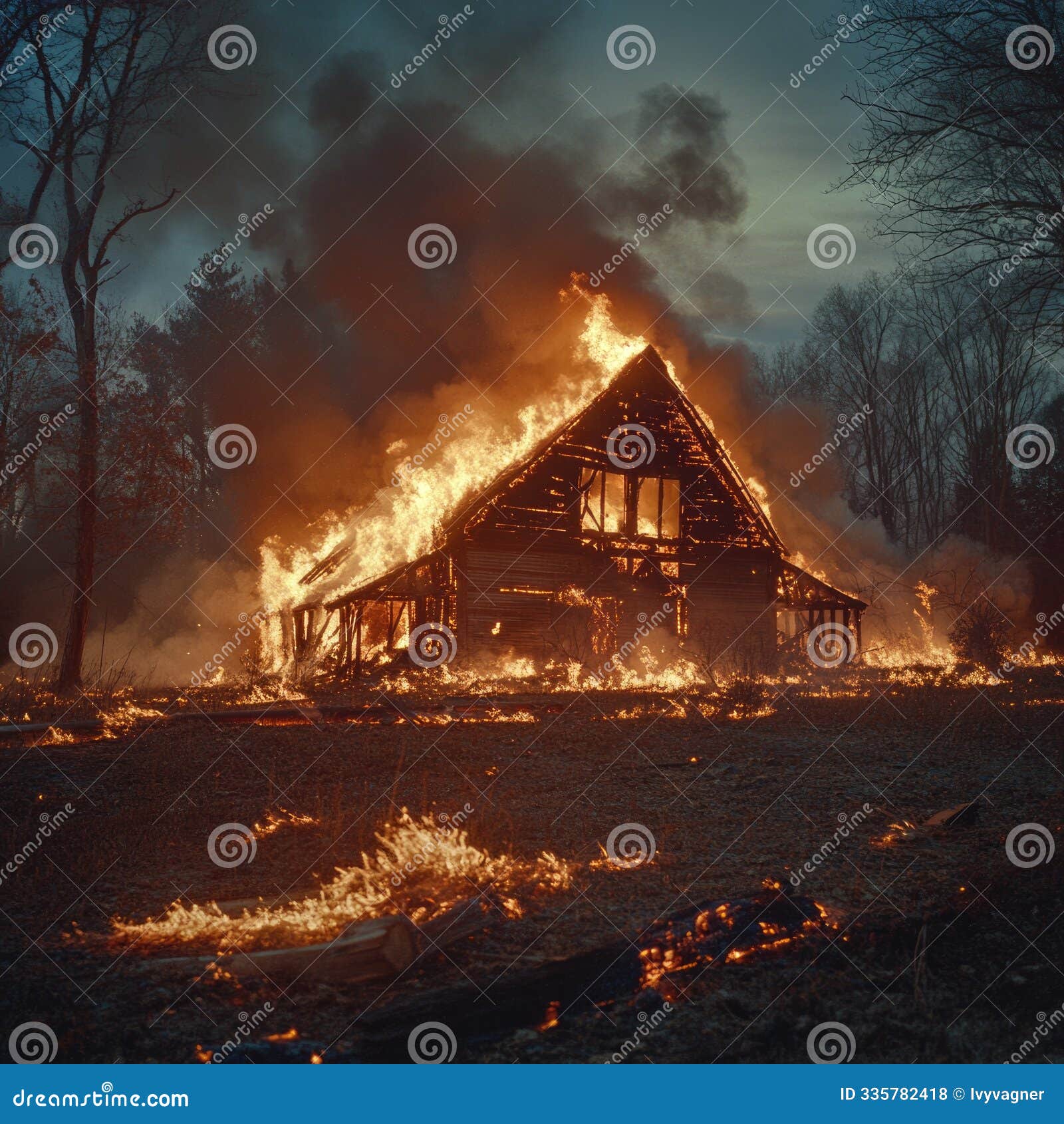 A Large Cottage on Fire, Flames Bursting through the Windows Stock ...